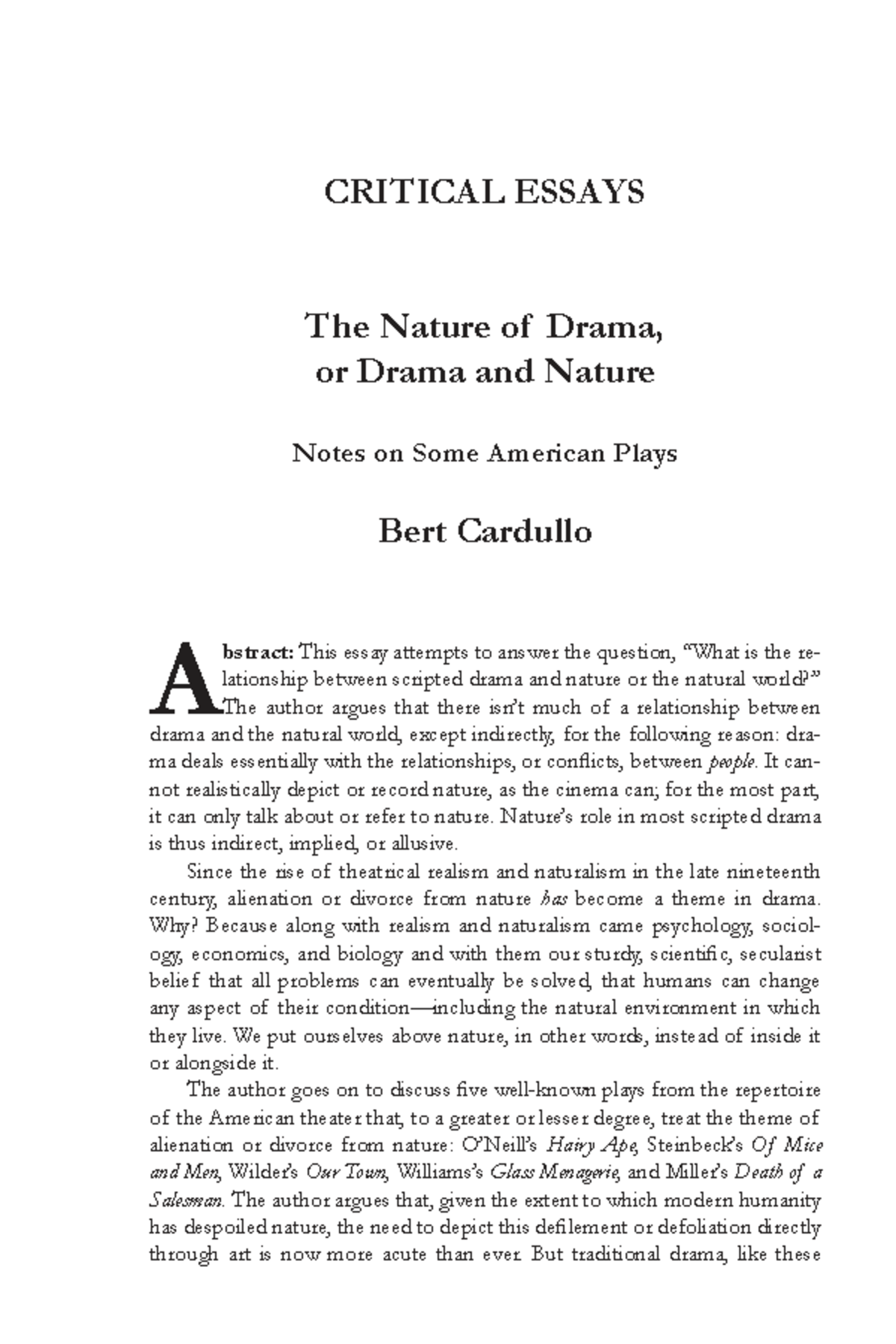 Critical Essays on Nature and Drama: Analyzing American Plays - Studocu