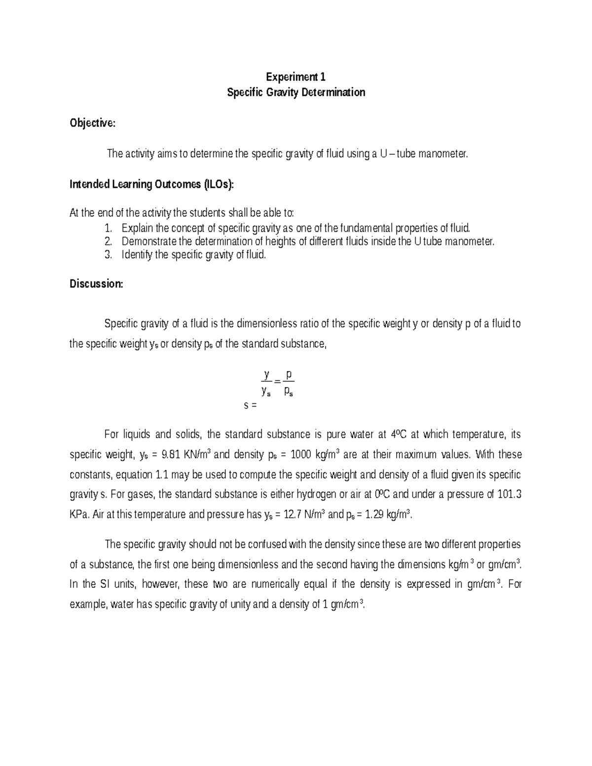Laboratory Activity: Specific Gravity Determination in CE41FB - Studocu