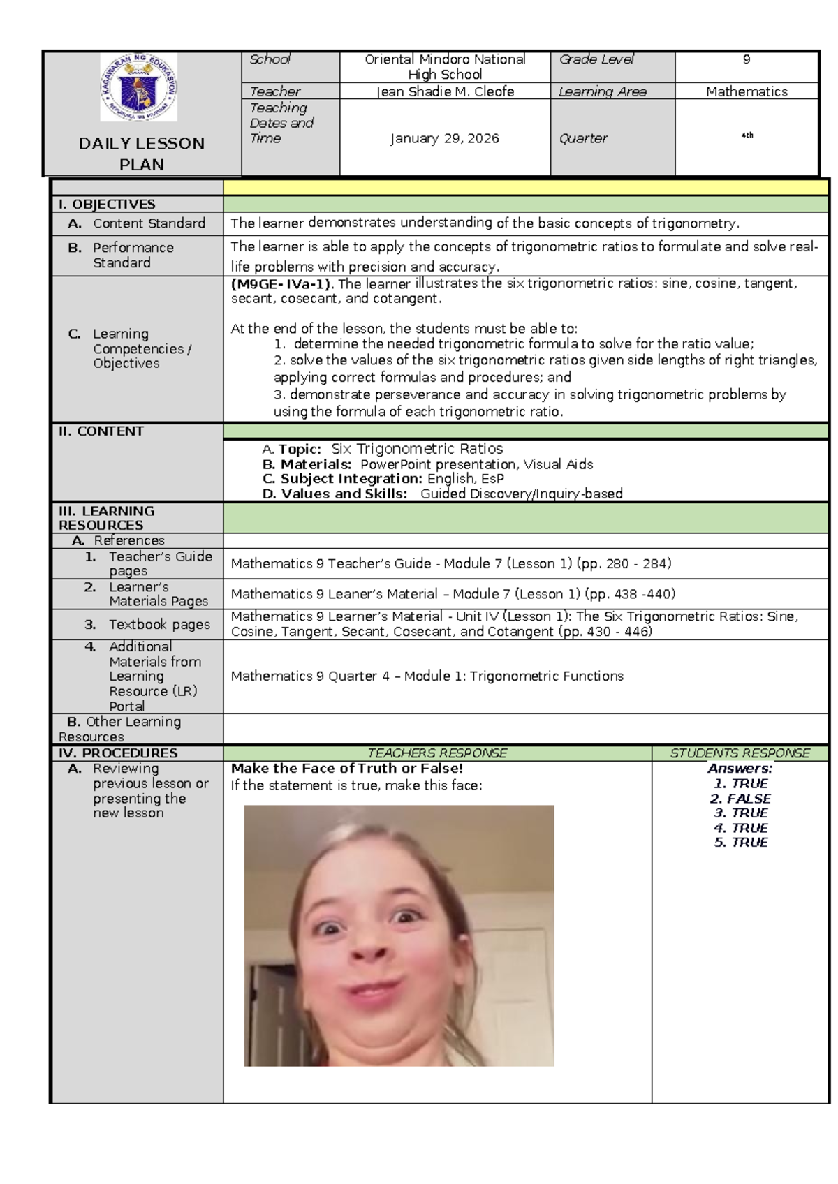 Mathematics 9 Daily Lesson Plan: Trigonometric Ratios (Q4) - Studocu