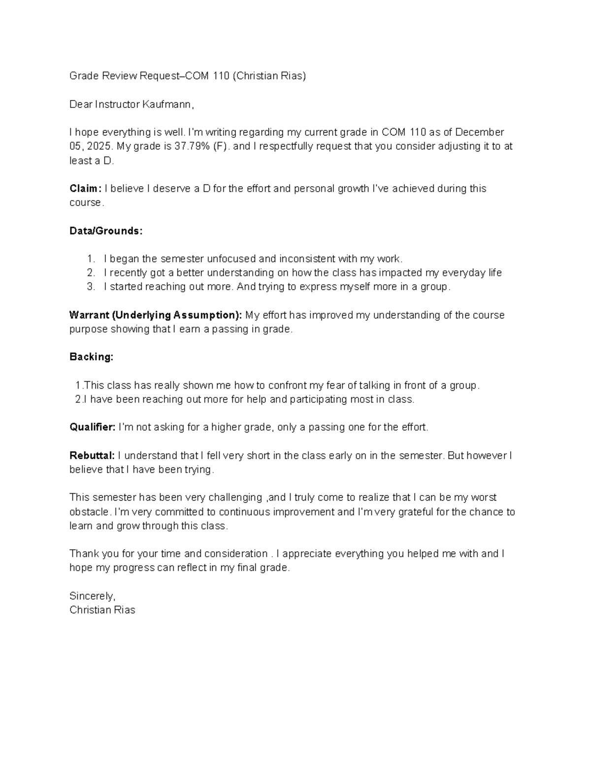 Grade Adjustment Request for COM 110 - Personal Growth Reflection - Studocu