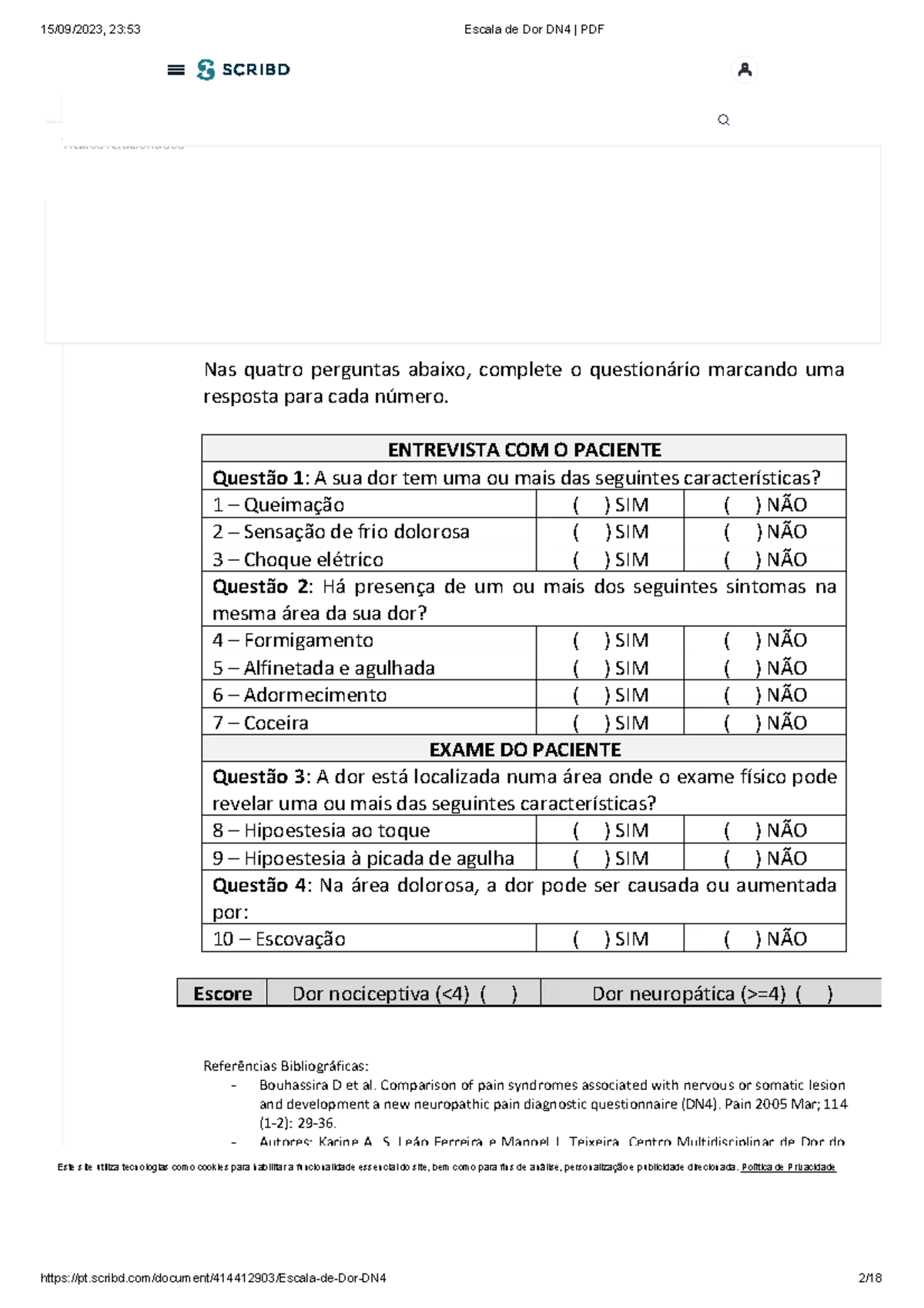 Escala de Dor Neuropática DN4 - Questionário Diagnóstico PDF - Studocu