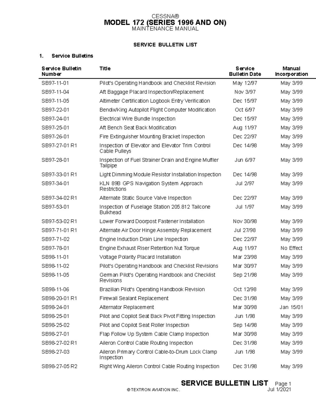 MODEL 172 Service Bulletin List - Maintenance Manual (1996 On) - Studocu