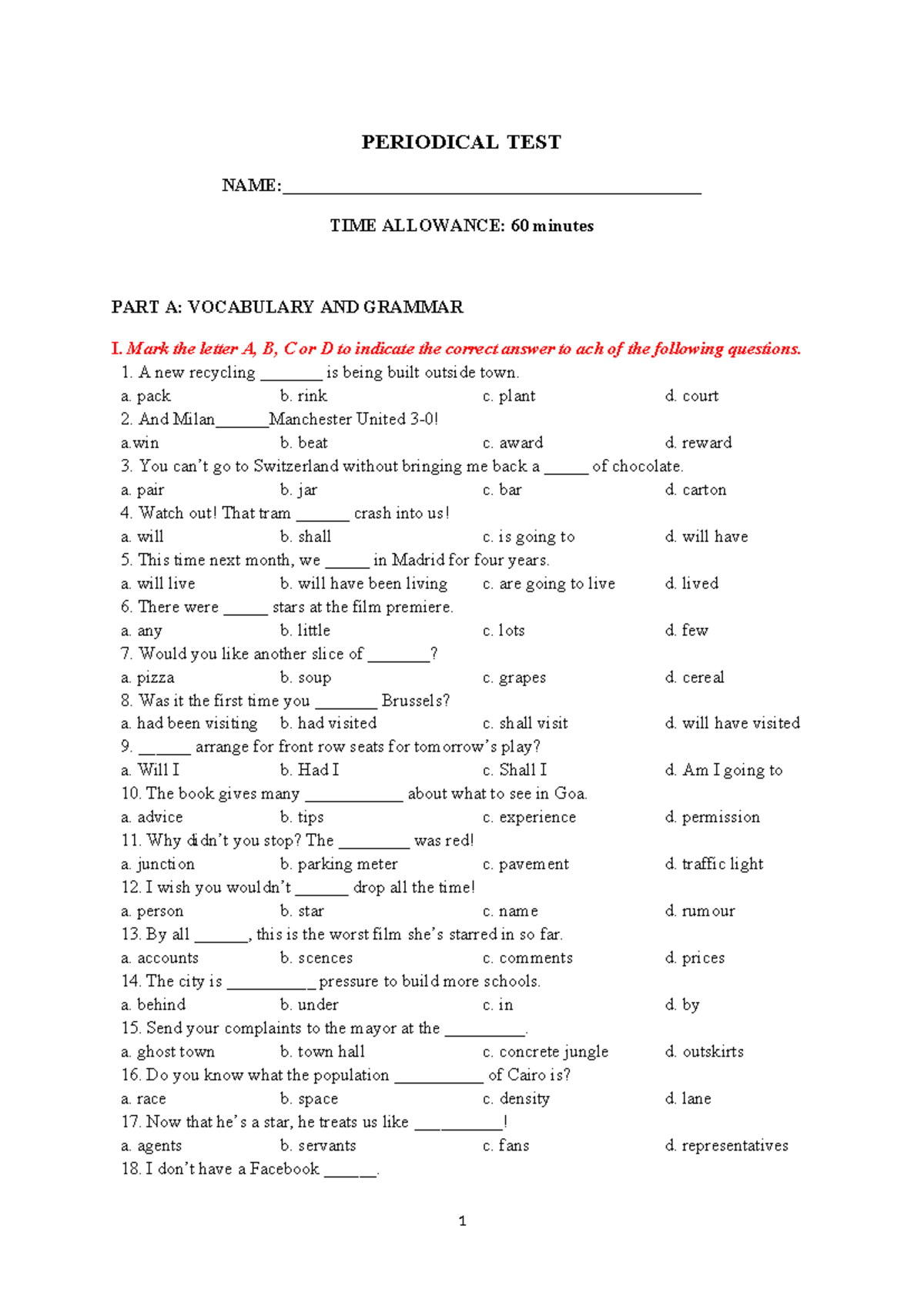 Periodical Test U3-4: Vocabulary, Grammar, and Sentence Transformation ...