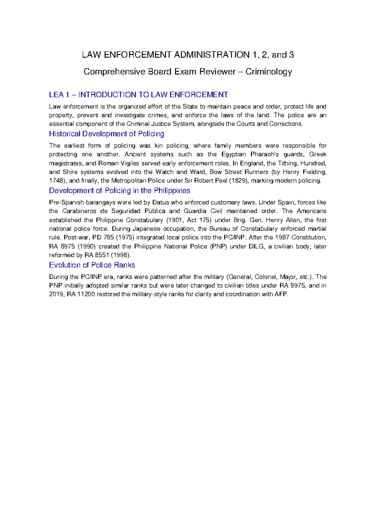 LEA 1, 2, 3 Comprehensive Board Exam Reviewer on Law Enforcement - Studocu