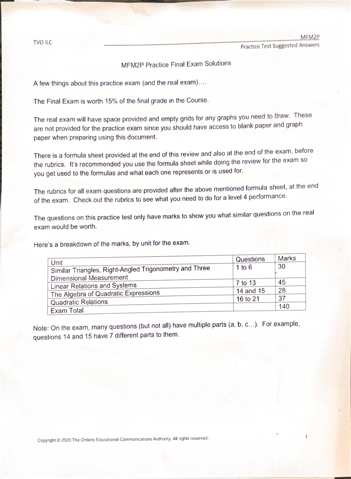MFM2P Practice Final Exam Solutions and Suggested Answers - Studocu