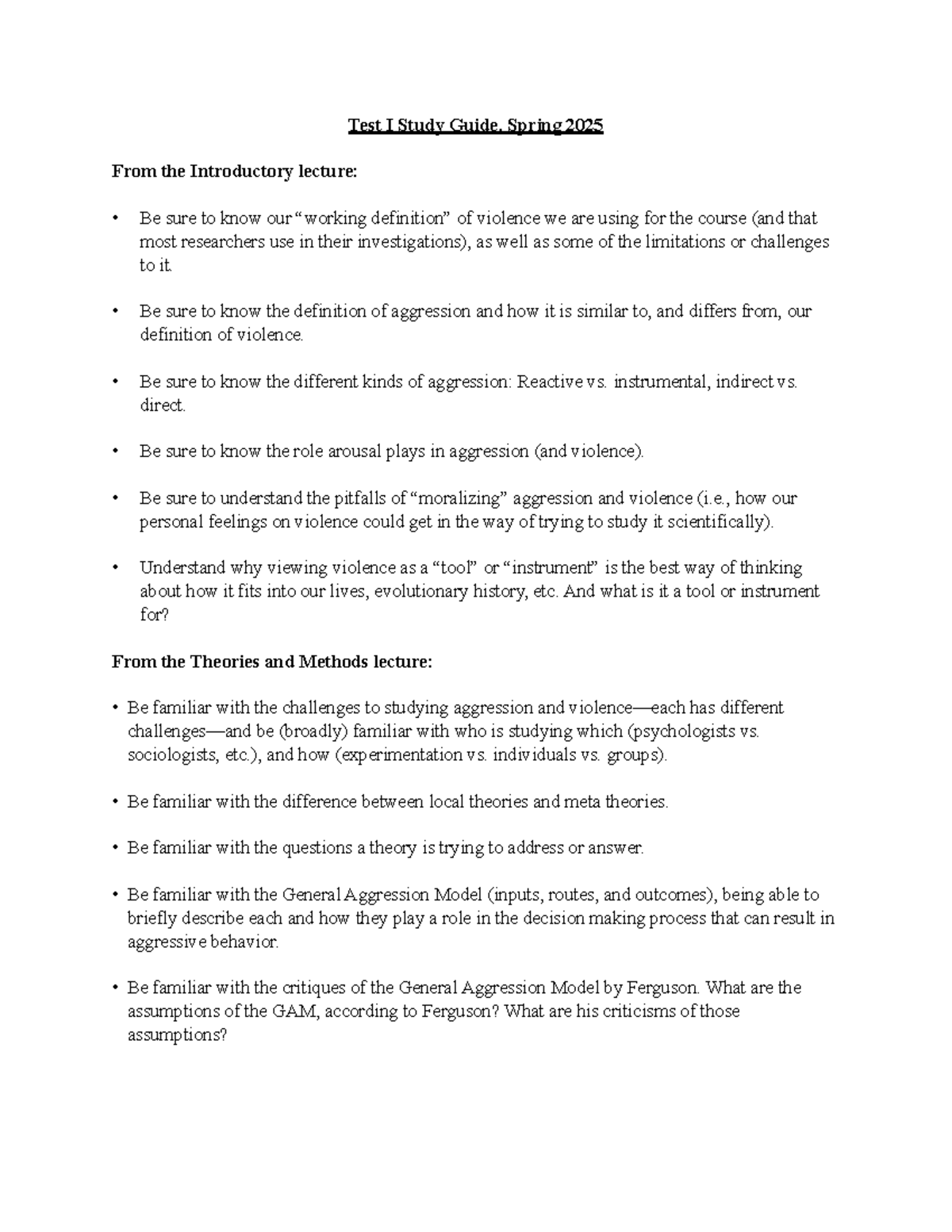 Test I Study Guide: Understanding Aggression & Violence - Spring 2025 ...