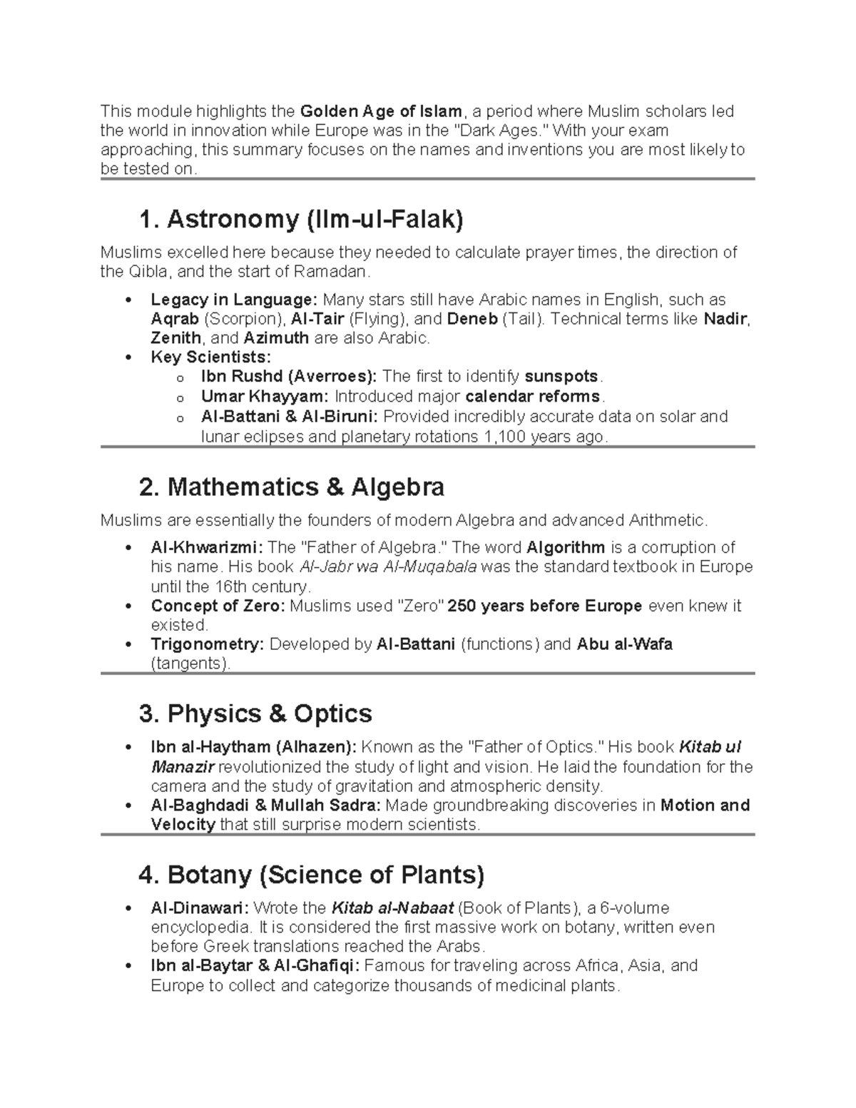 Islamic Golden Age: Key Innovations & Scholars Summary (SCI101) - Studocu
