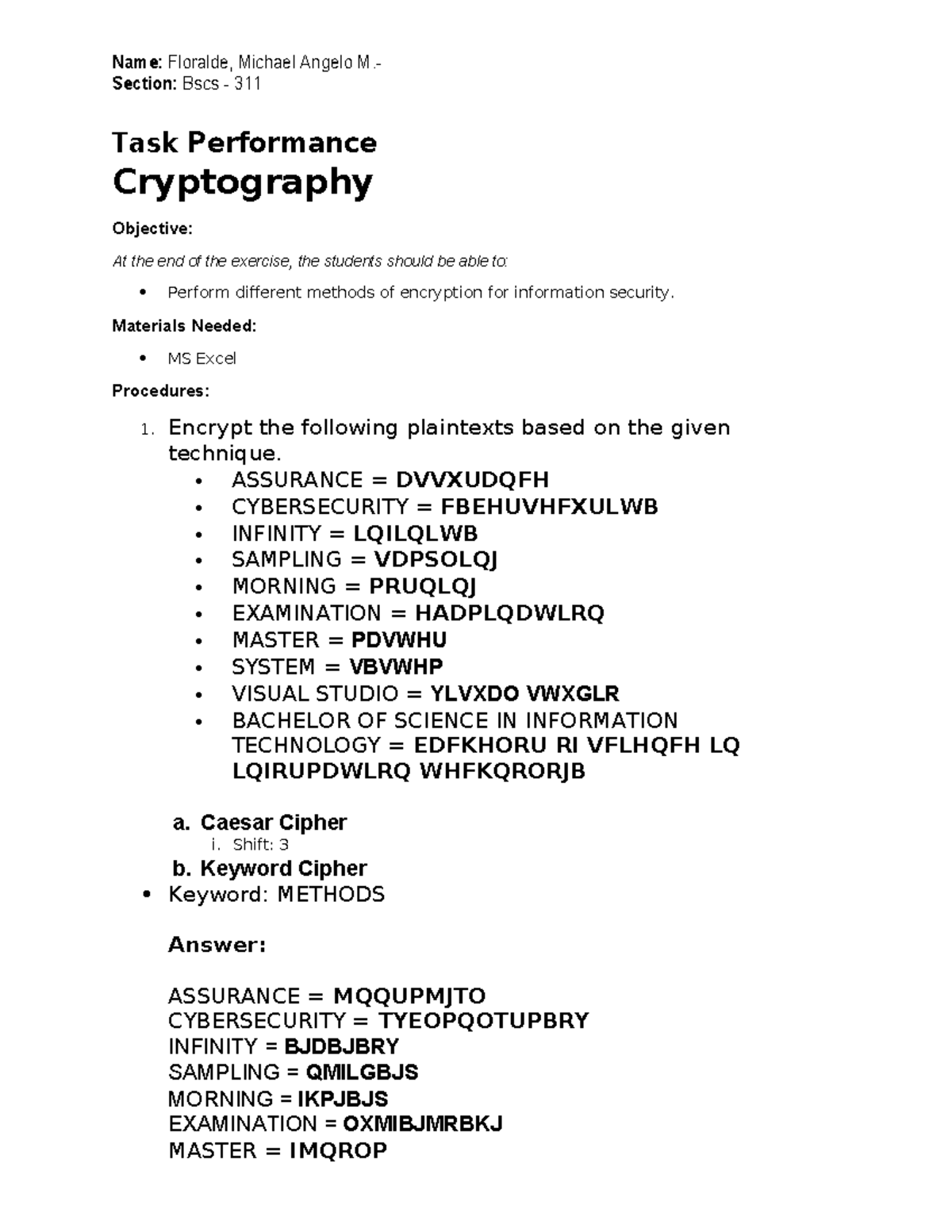 IT 04 Task Performance 1: Encryption Methods in Cryptography - Studocu