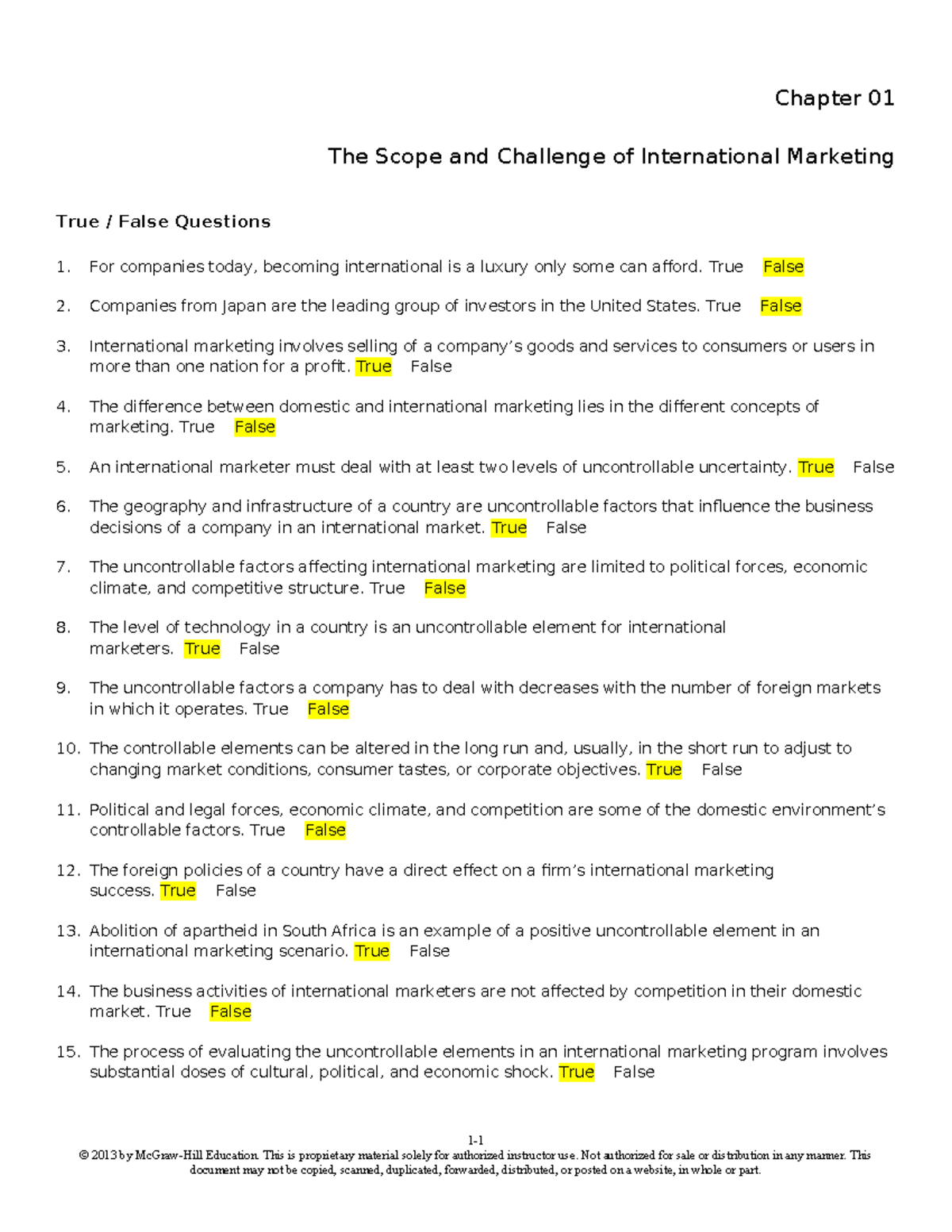 Chapter 01: True/False Questions on International Marketing Concepts ...