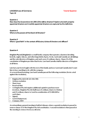 LAW2001 9 Topic 1 Tutorial Questions - LAW 20019 Topic 1: Australian Legal System & Statutory ...