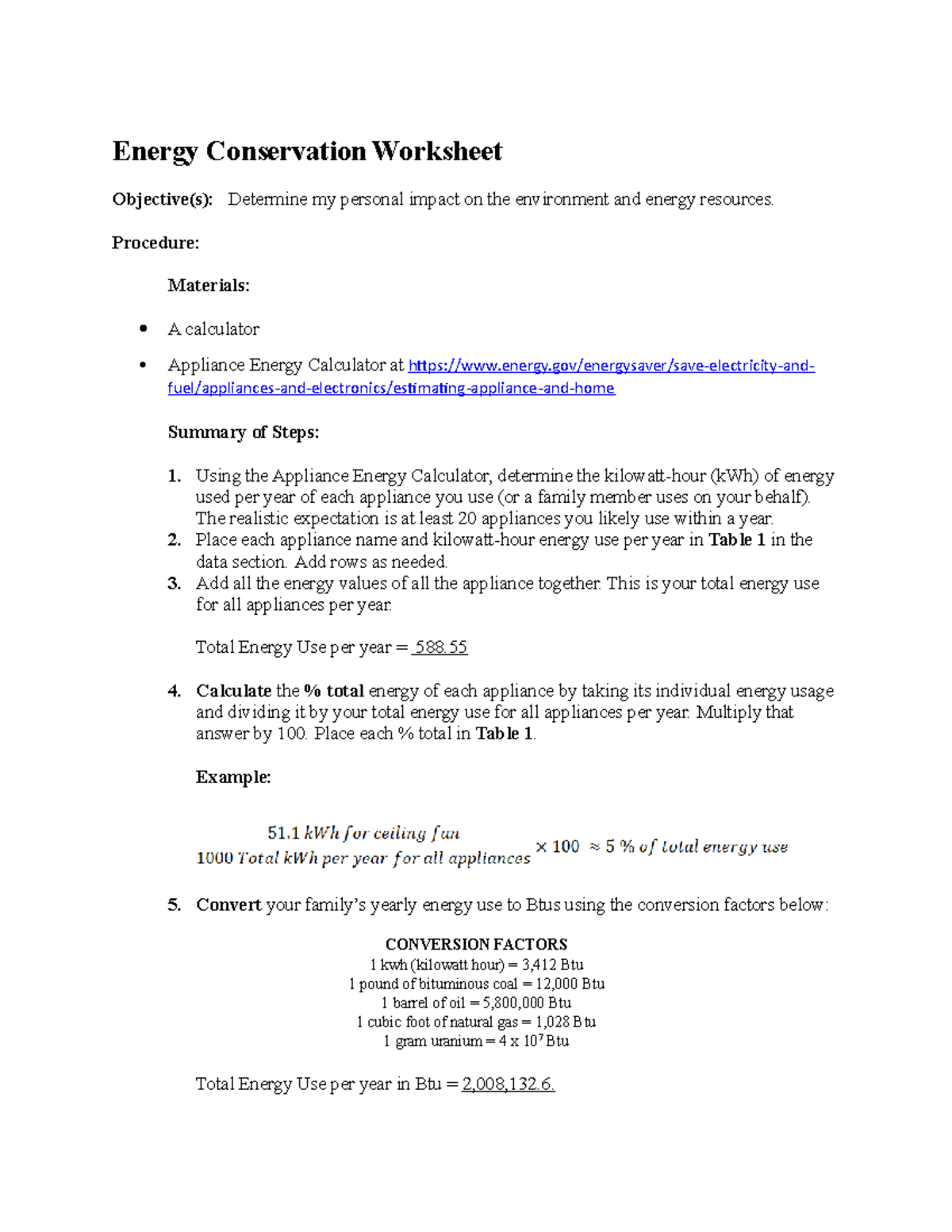 Energy Conservation Worksheet: Personal Impact Assessment - Studocu