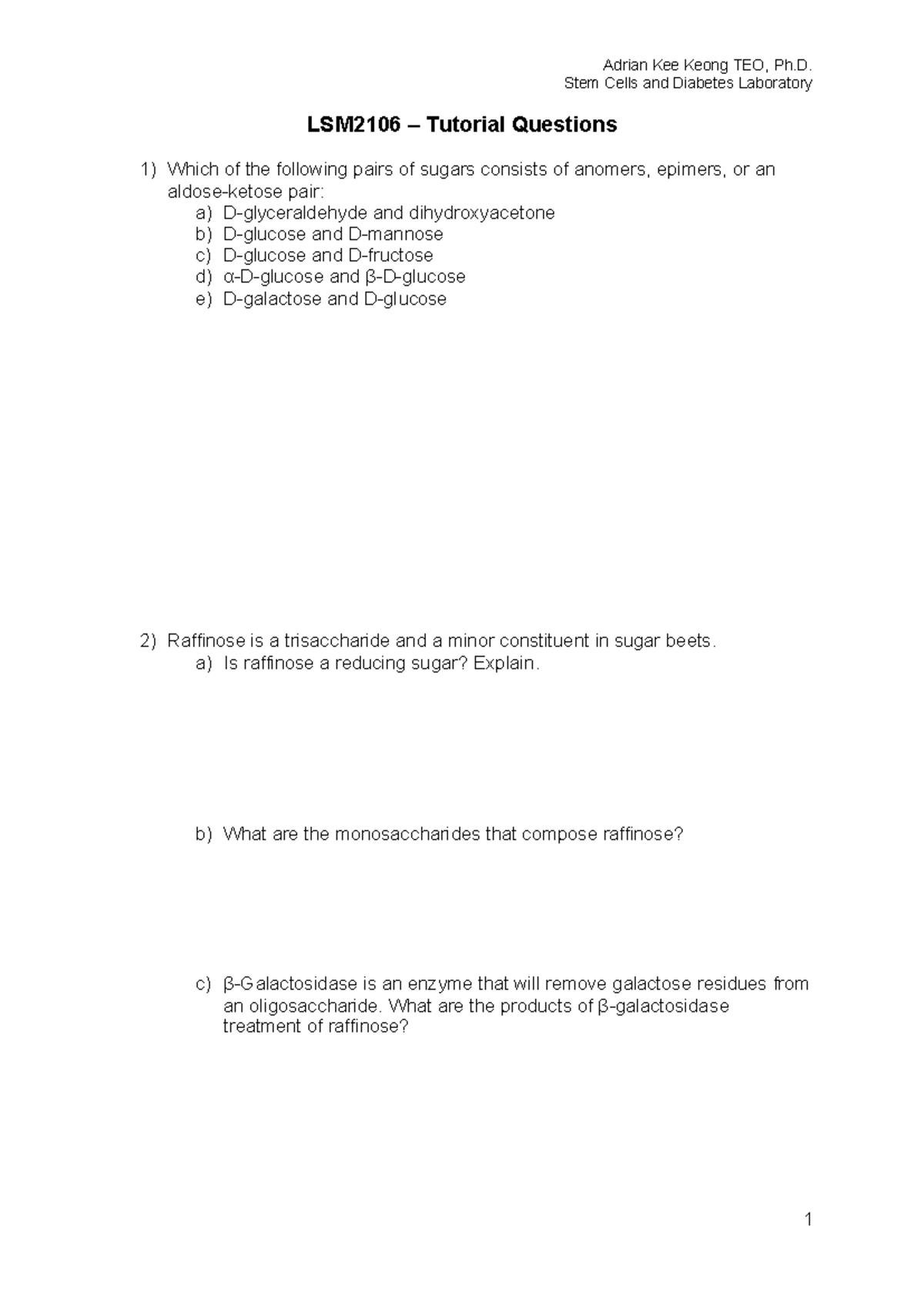 LSM2106 - 2026 Tutorial Questions on Sugars and Glycolysis - Studocu