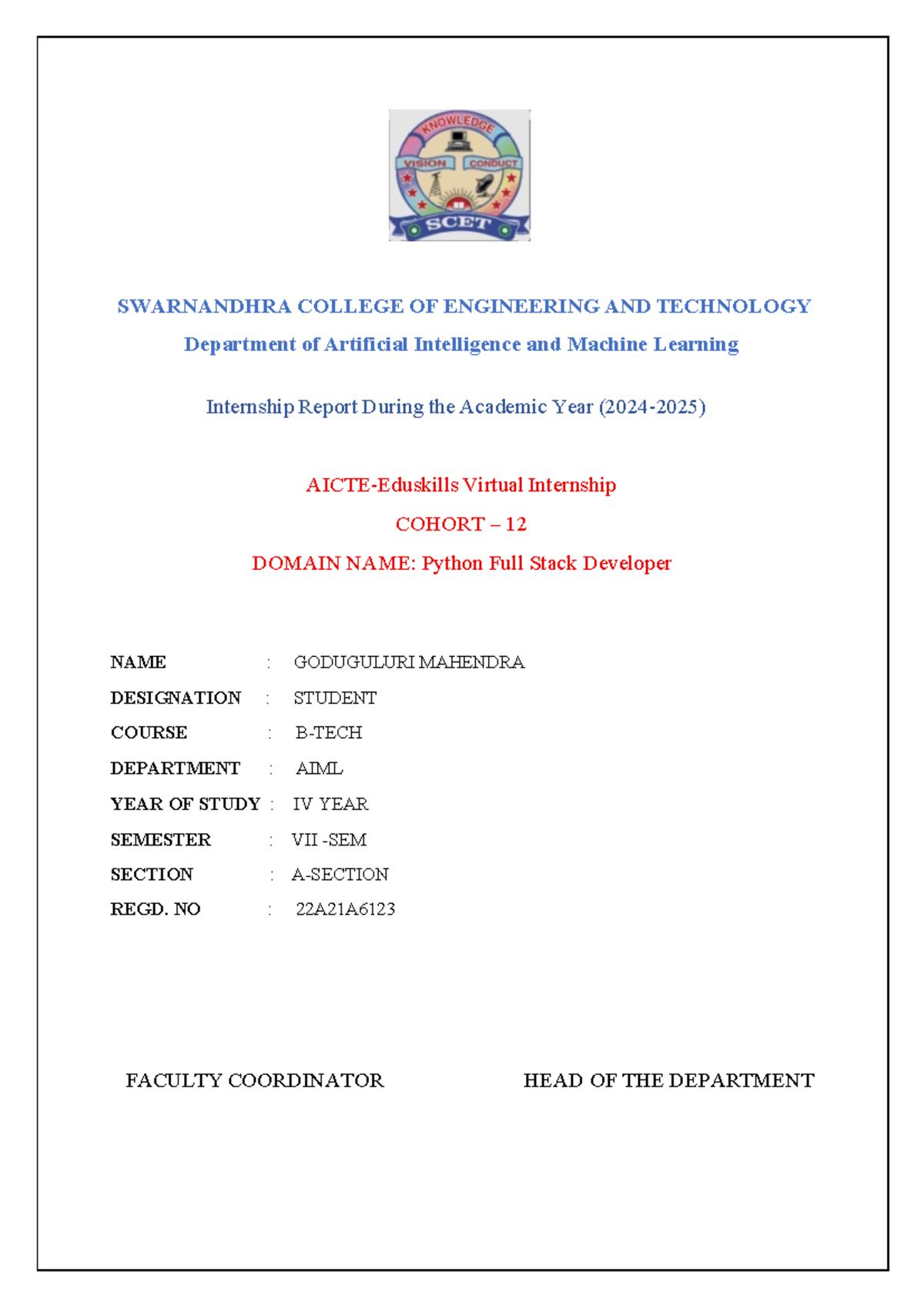 Internship Report: Python Full Stack Developer - Cohort 12 - Studocu