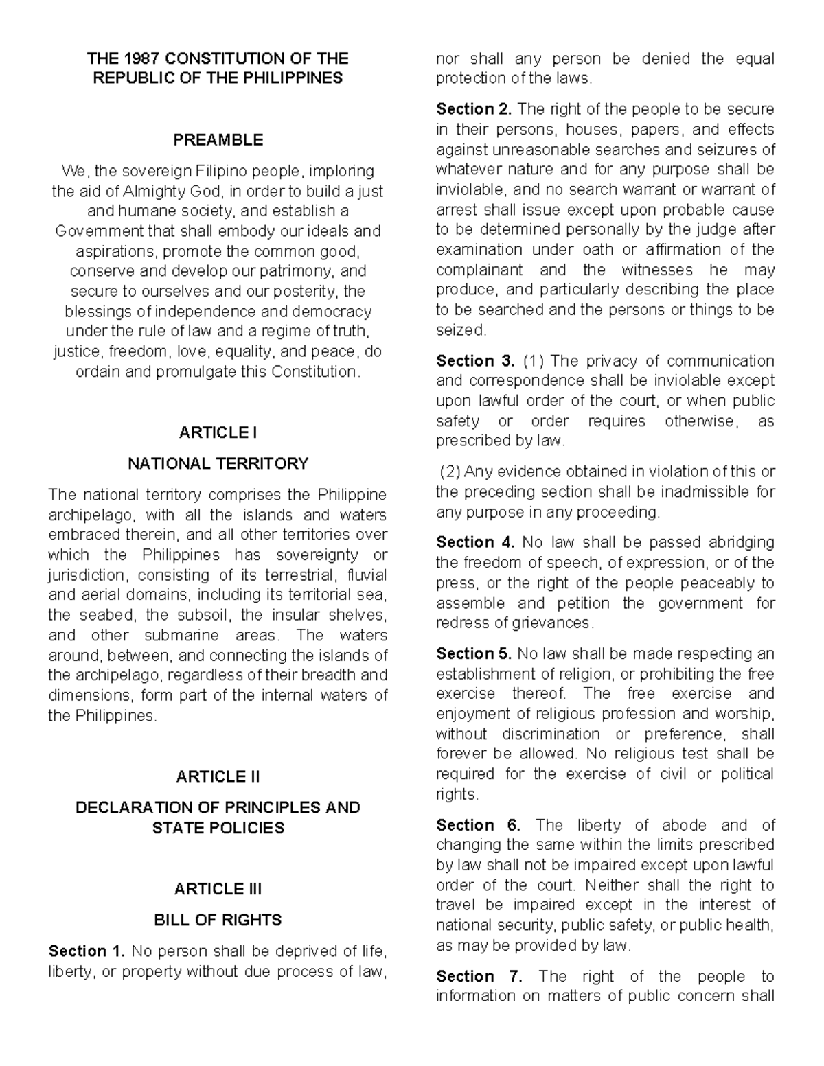 THE 1987 Constitution of the Republic of the Philippines: Preamble ...