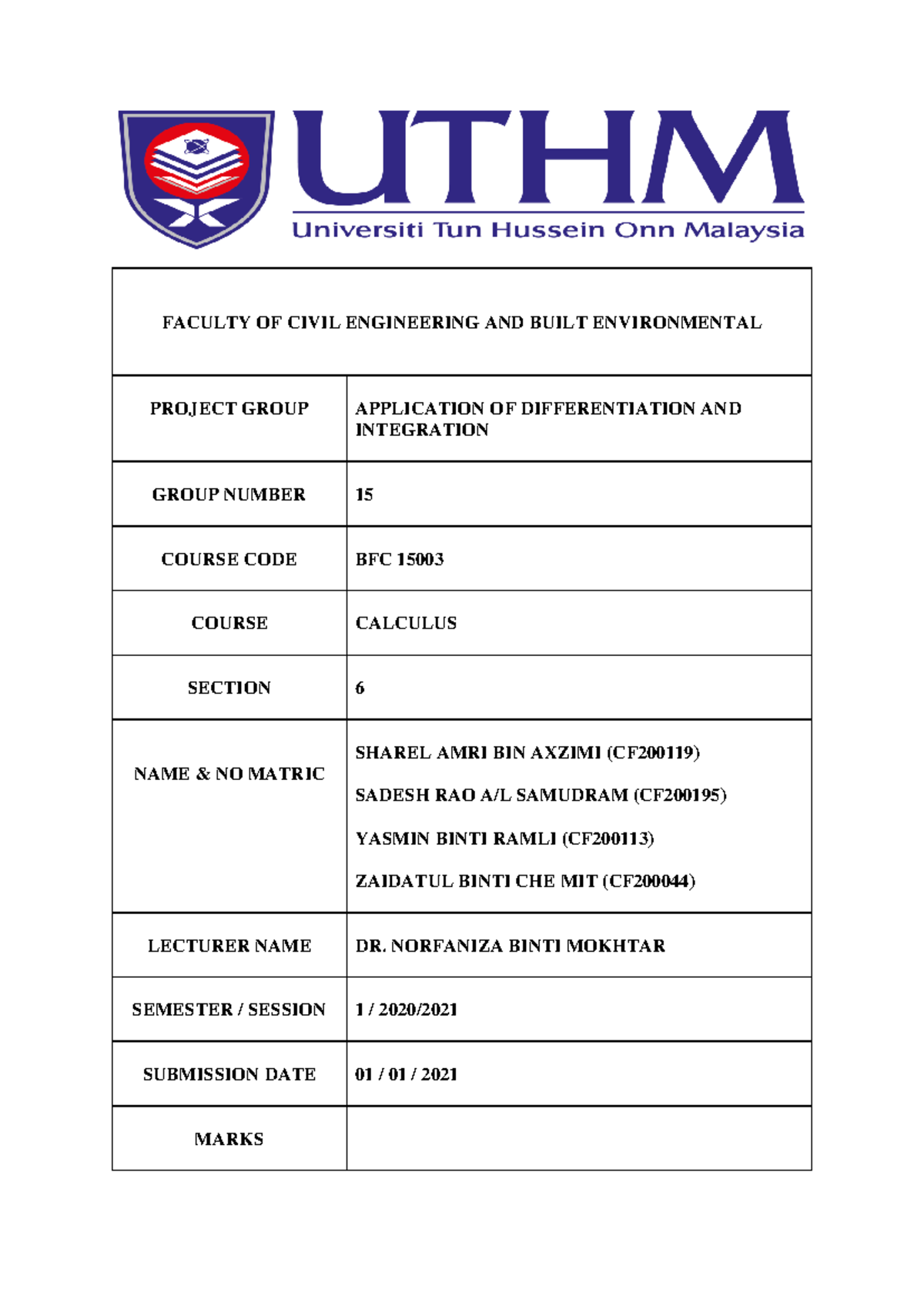 BFC15003 Calculus Project UTHM sample - FACULTY OF CIVIL ENGINEERING ...