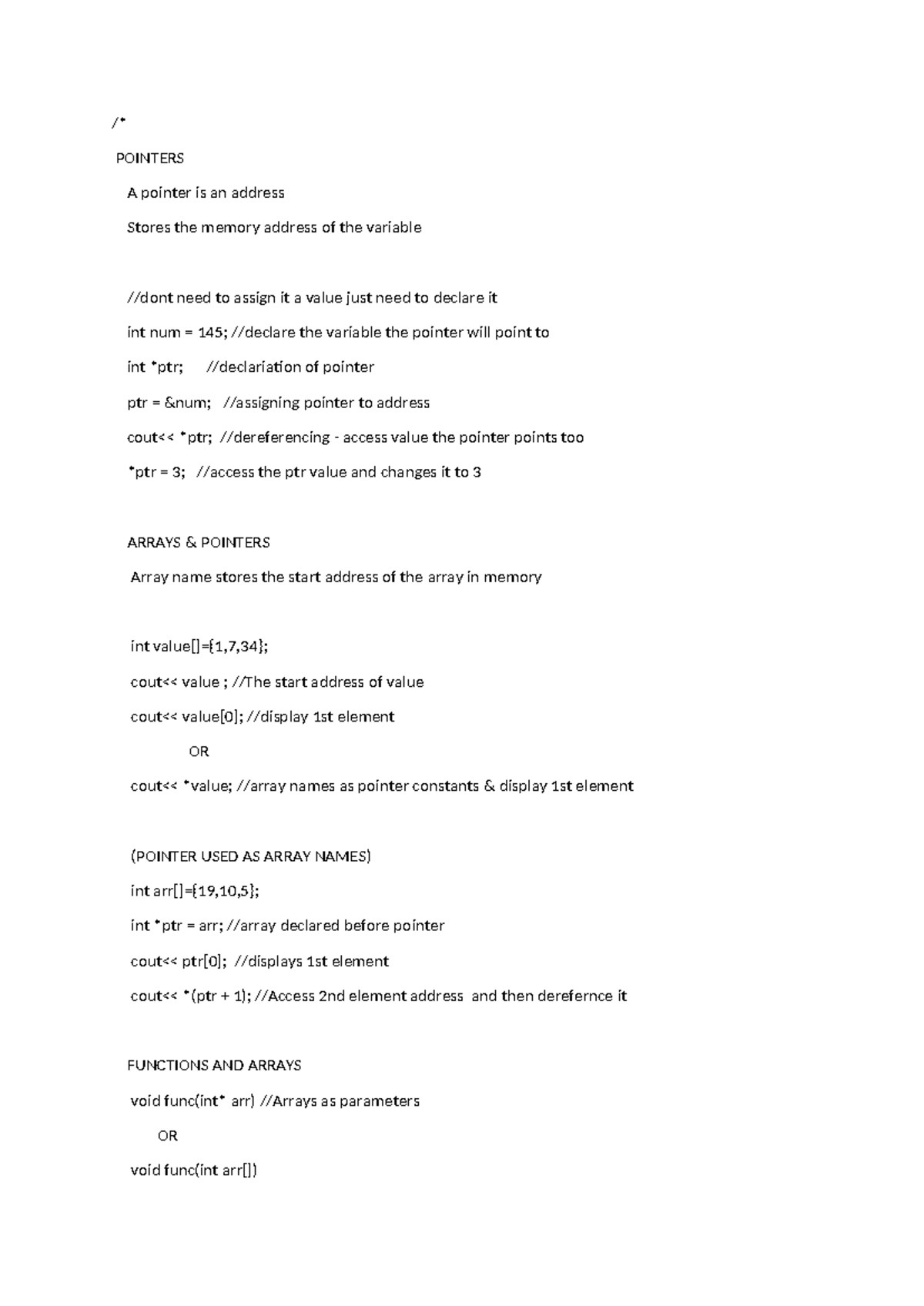 Pointers notes cos132 - /* POINTERS A pointer is an address Stores the ...
