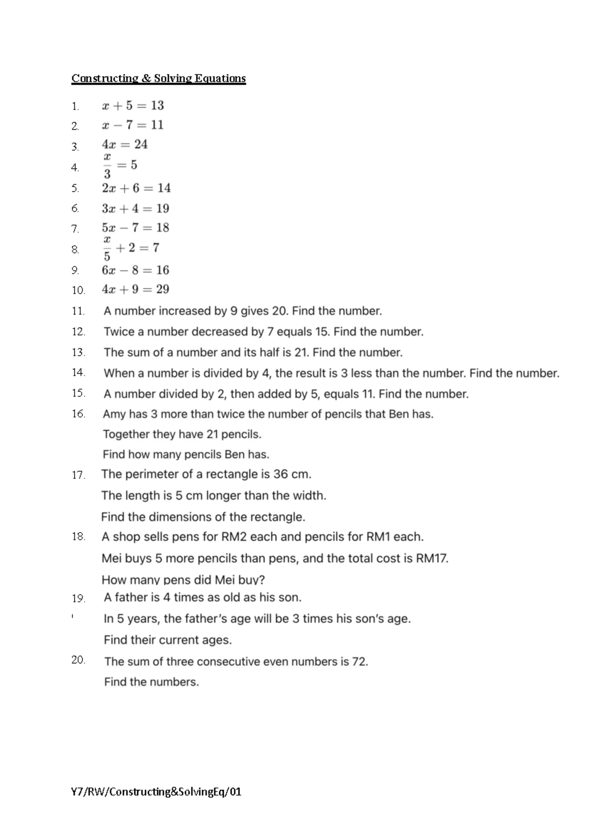 Year 7 - Revision Worksheet 1 - Constructing & Solving EQ - Maths - Y7 ...