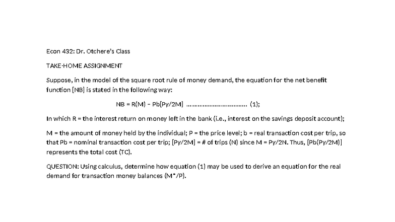 Econ 432: Assignment on Square Root Rule of Money Demand - Studocu