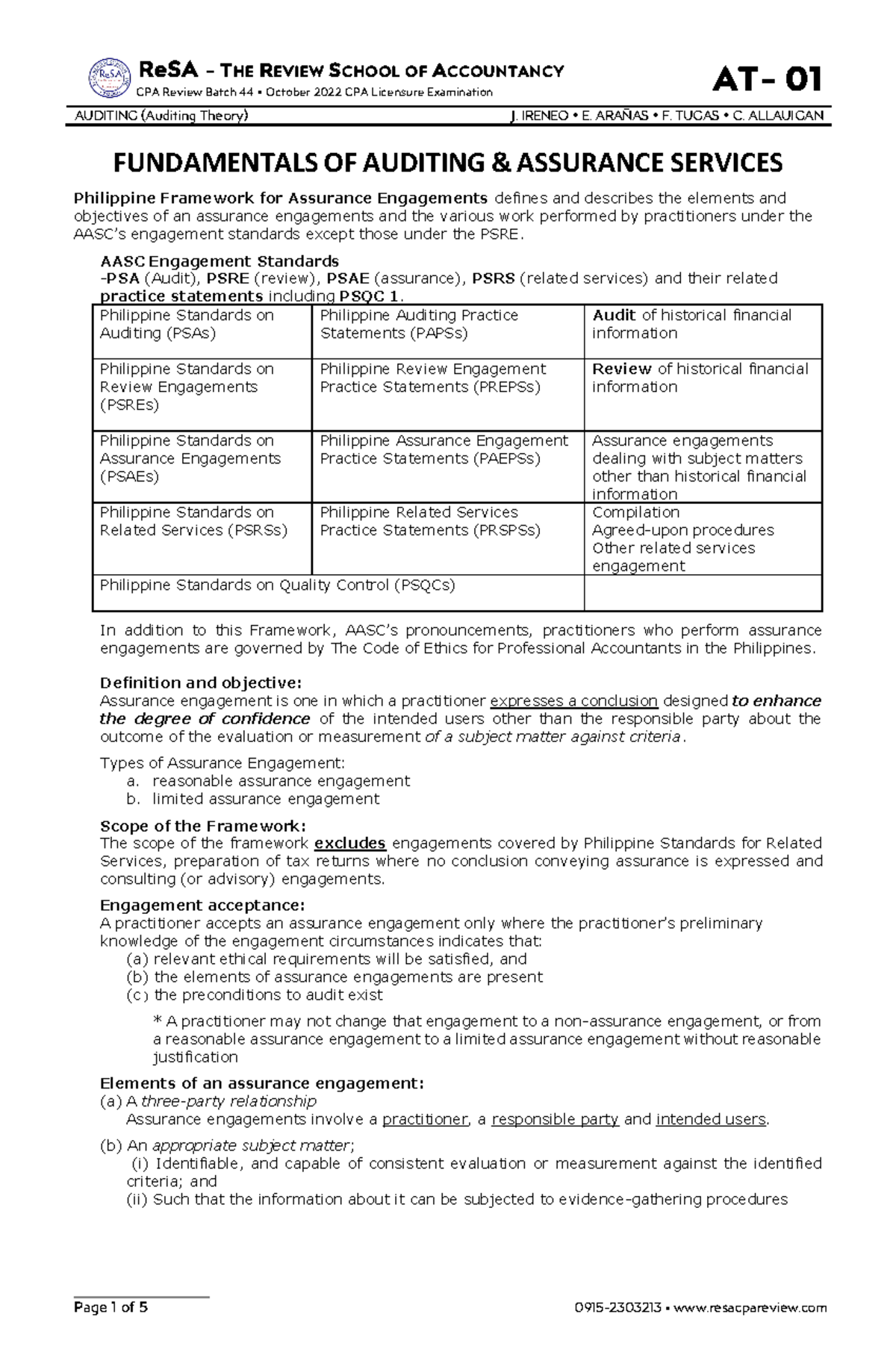 AT-01: Comprehensive Overview of Fundamentals of Auditing & Assurance - Studocu