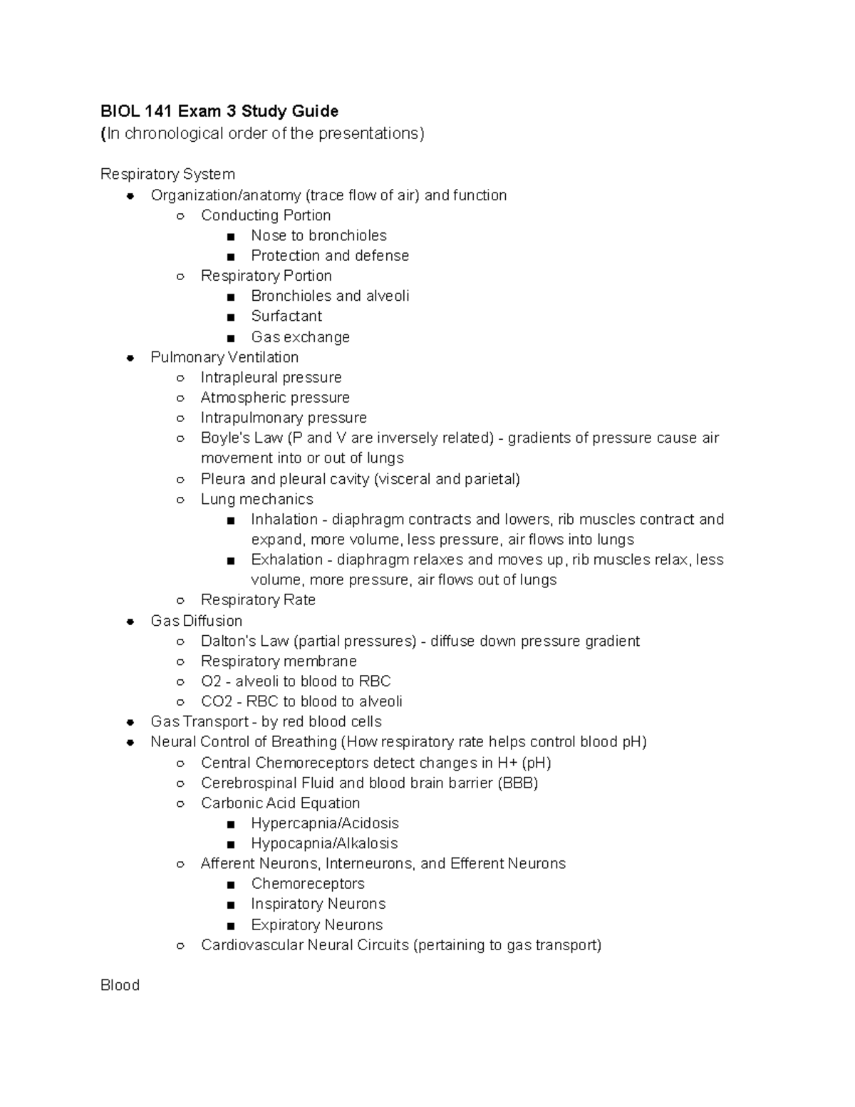 BIOL 141 Exam 3 Comprehensive Study Guide on Respiratory & Blood ...