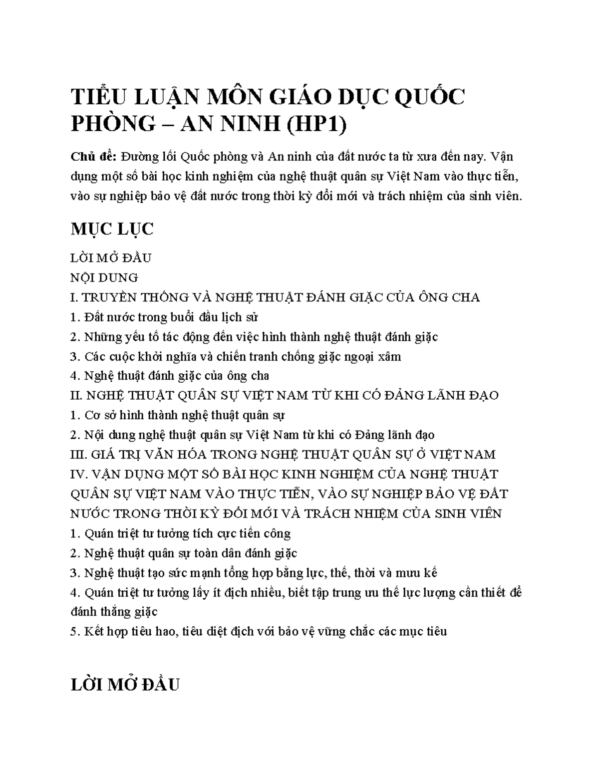 Tiểu luận HP1: Vận dụng Nghệ thuật Quân sự trong Giáo dục Quốc phòng ...