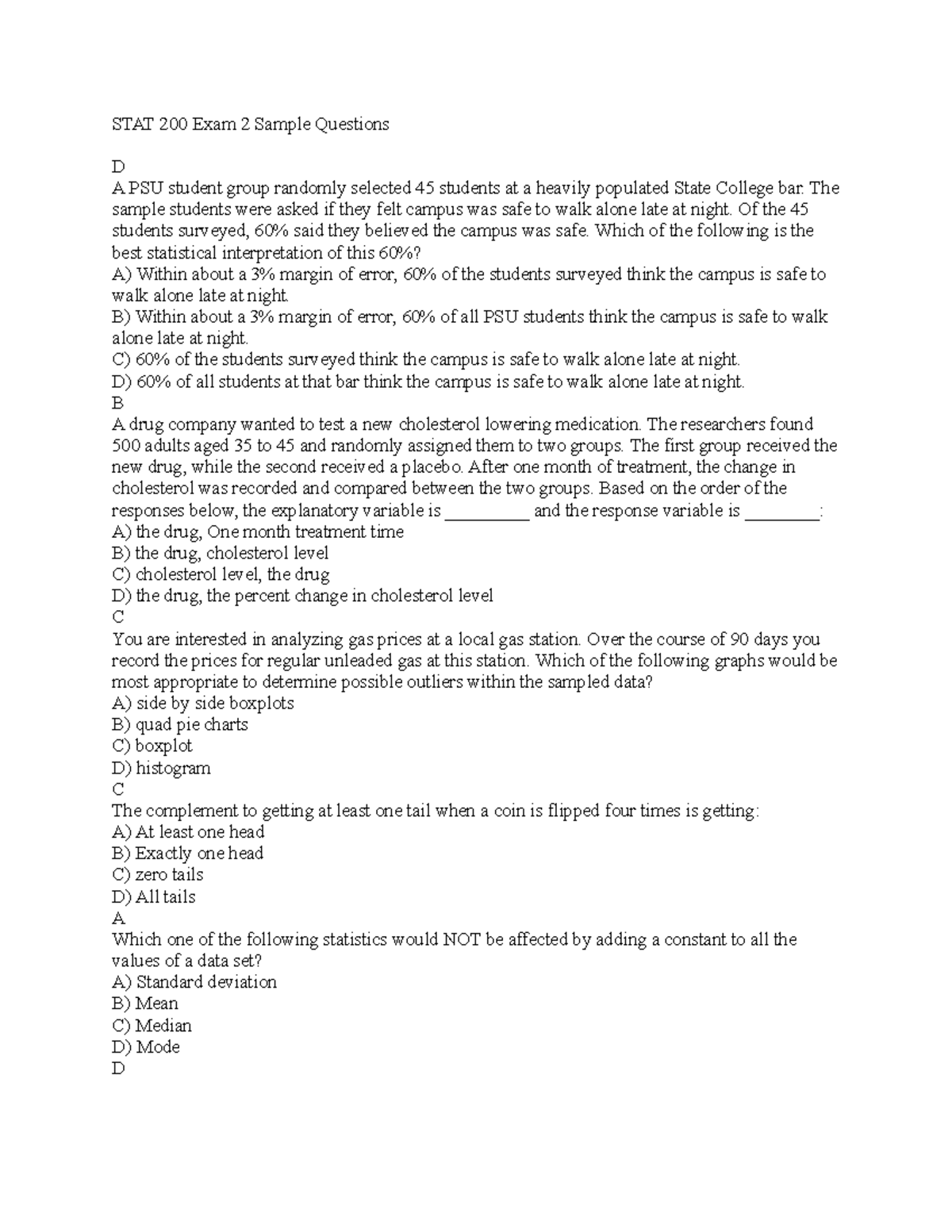 STAT 200 Exam 2 Practice Questions and Answers - Studocu