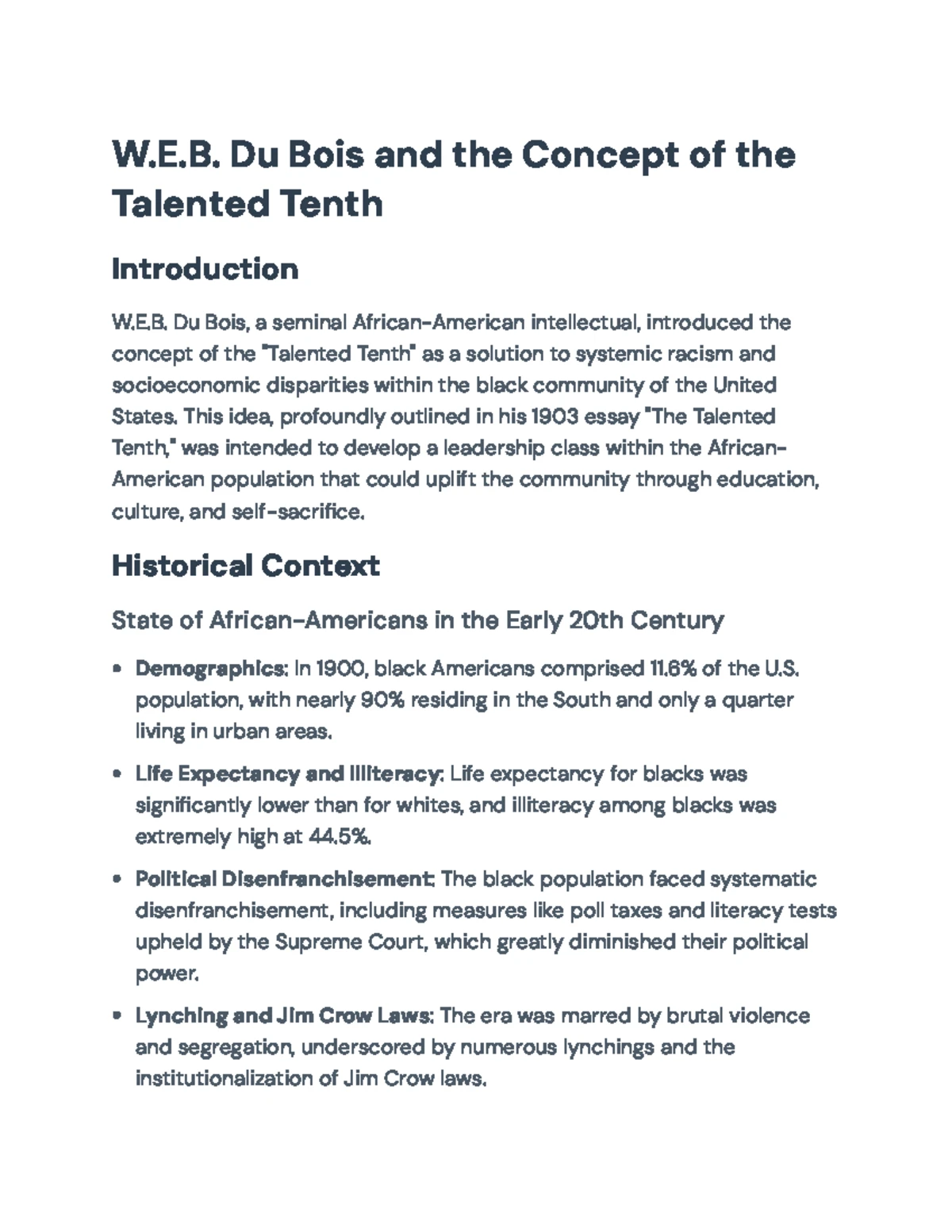 W.E.B. Du Bois: Analyzing "The Talented Tenth" in Context of Race - Studocu