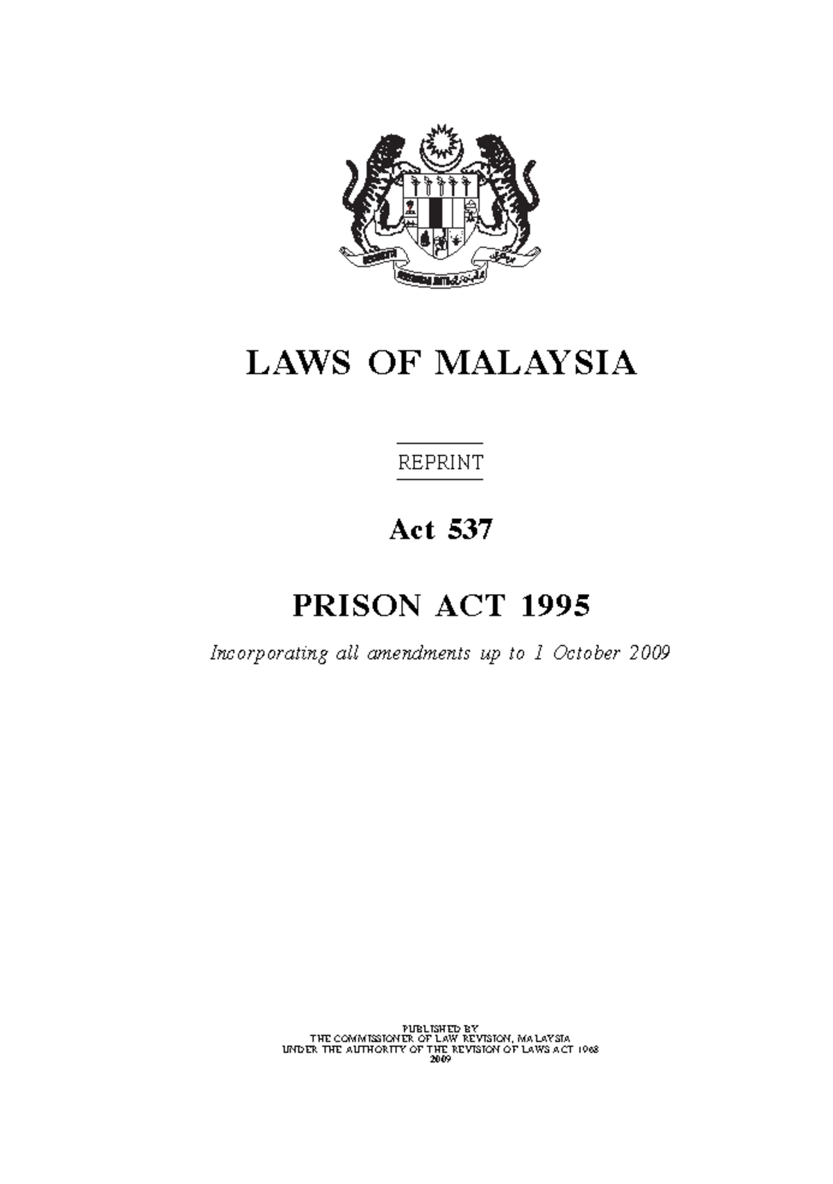 Prison Act 1995 (Act 537): Comprehensive Overview and Amendments - Studocu