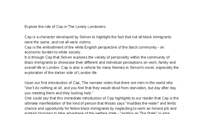 Cap's Role in The Lonely Londoners: Analyzing Character Dynamics - Studocu