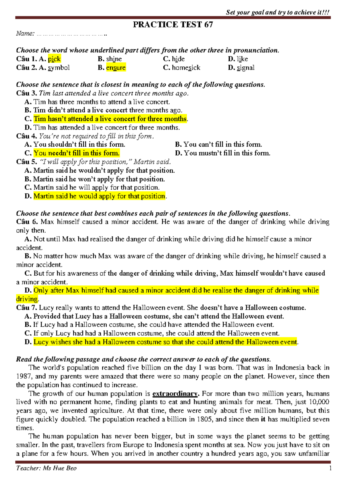 Practice Test 67: Pronunciation & Sentence Structure Exercises - Studocu