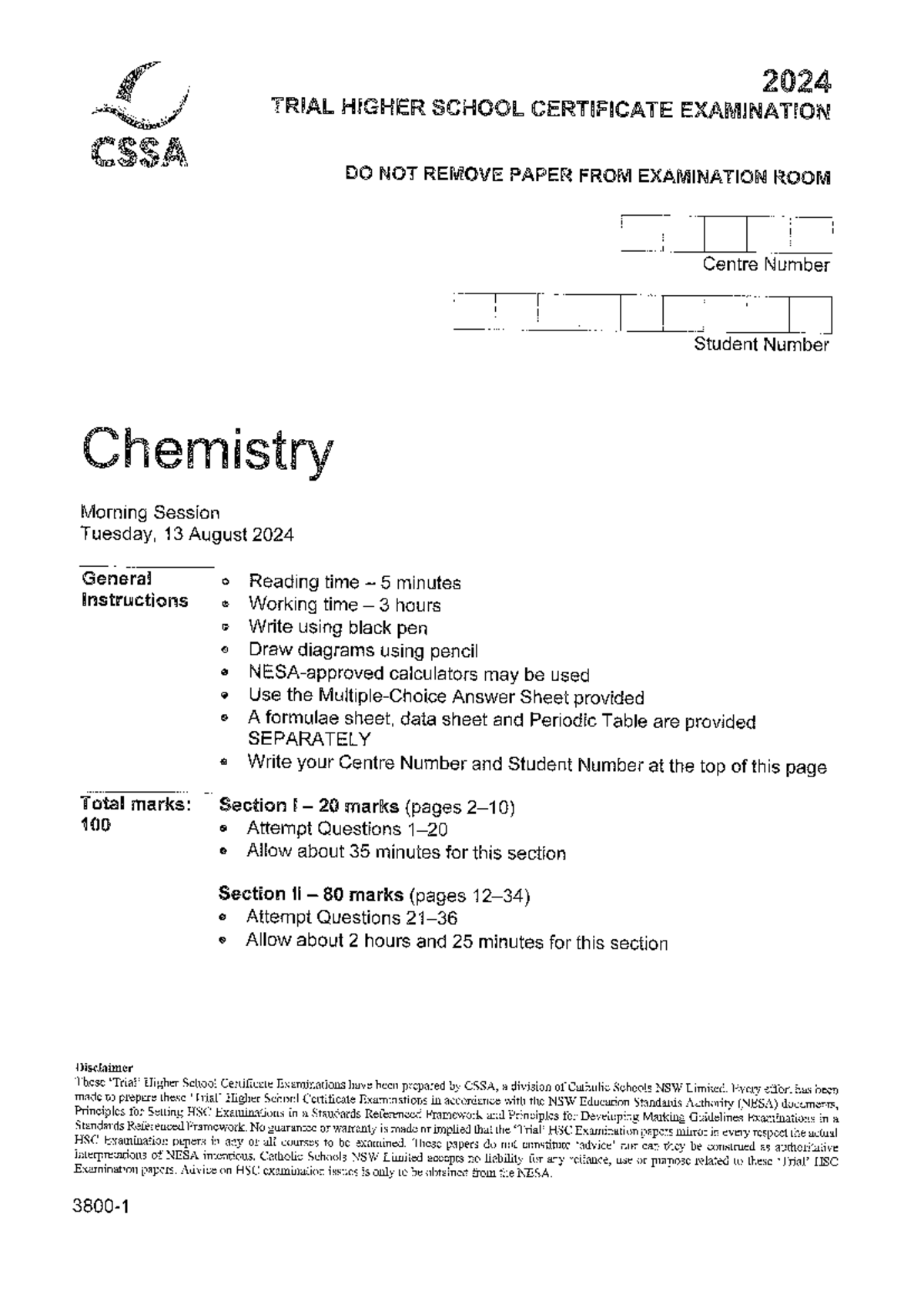 CSSA Chemistry 2024 Trial HSC Examination Paper - Studocu