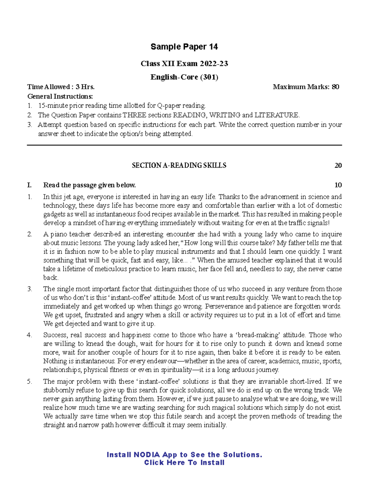 Class XII English-Core Sample Paper 14 - Exam Preparation Guide - Studocu