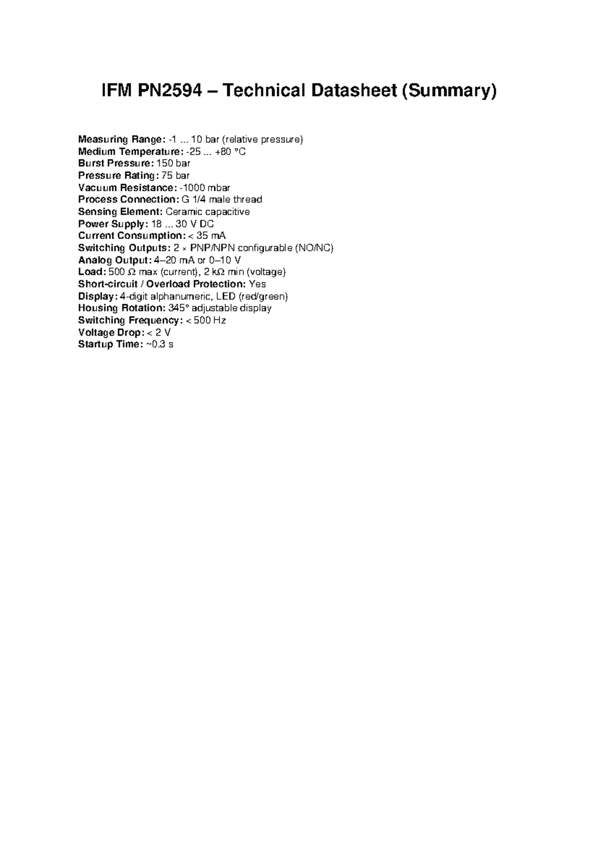 IFM PN2594 Datasheet Summary - IFM PN2594 – Technical Datasheet ...