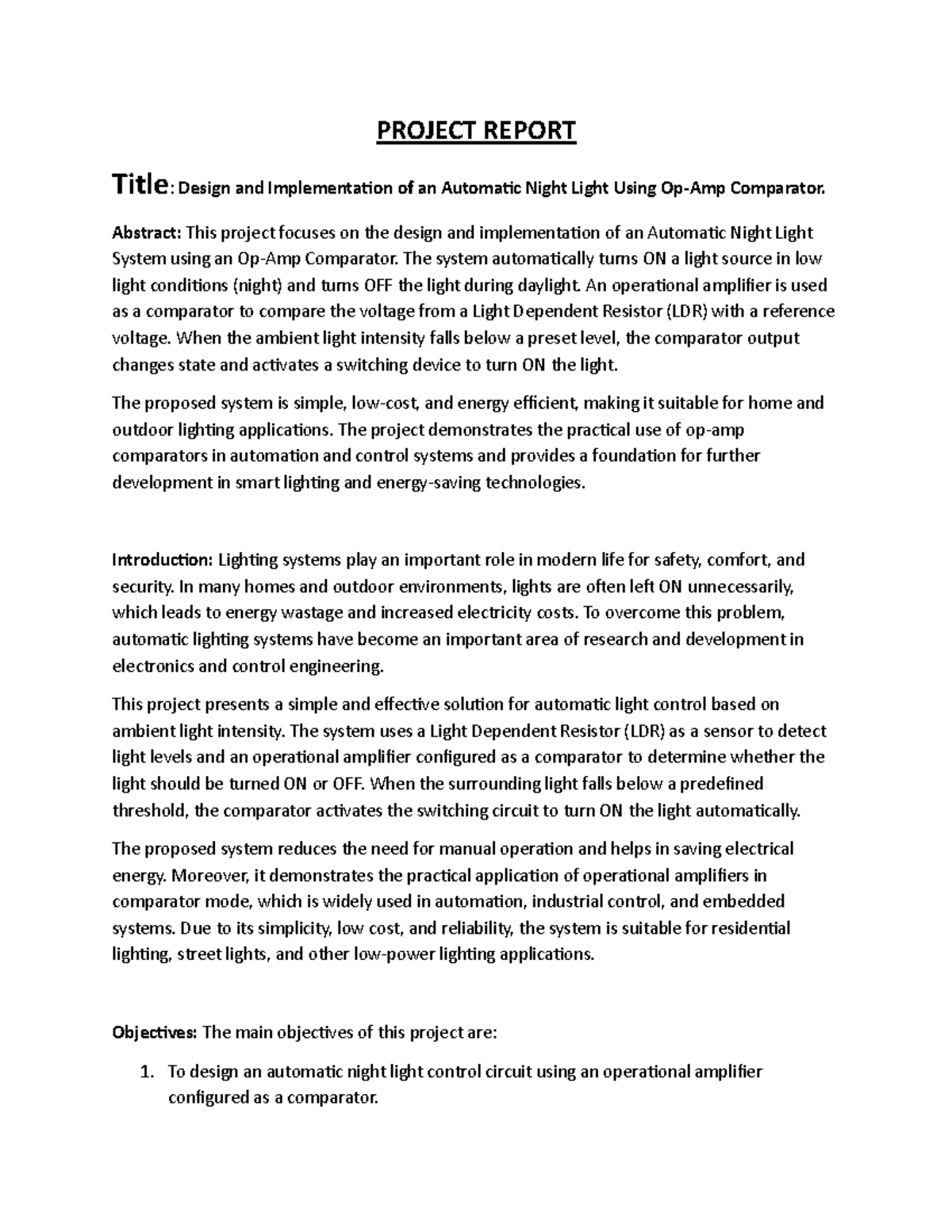 Design & Implementation of Automatic Night Light System (ELEC 2) - Studocu