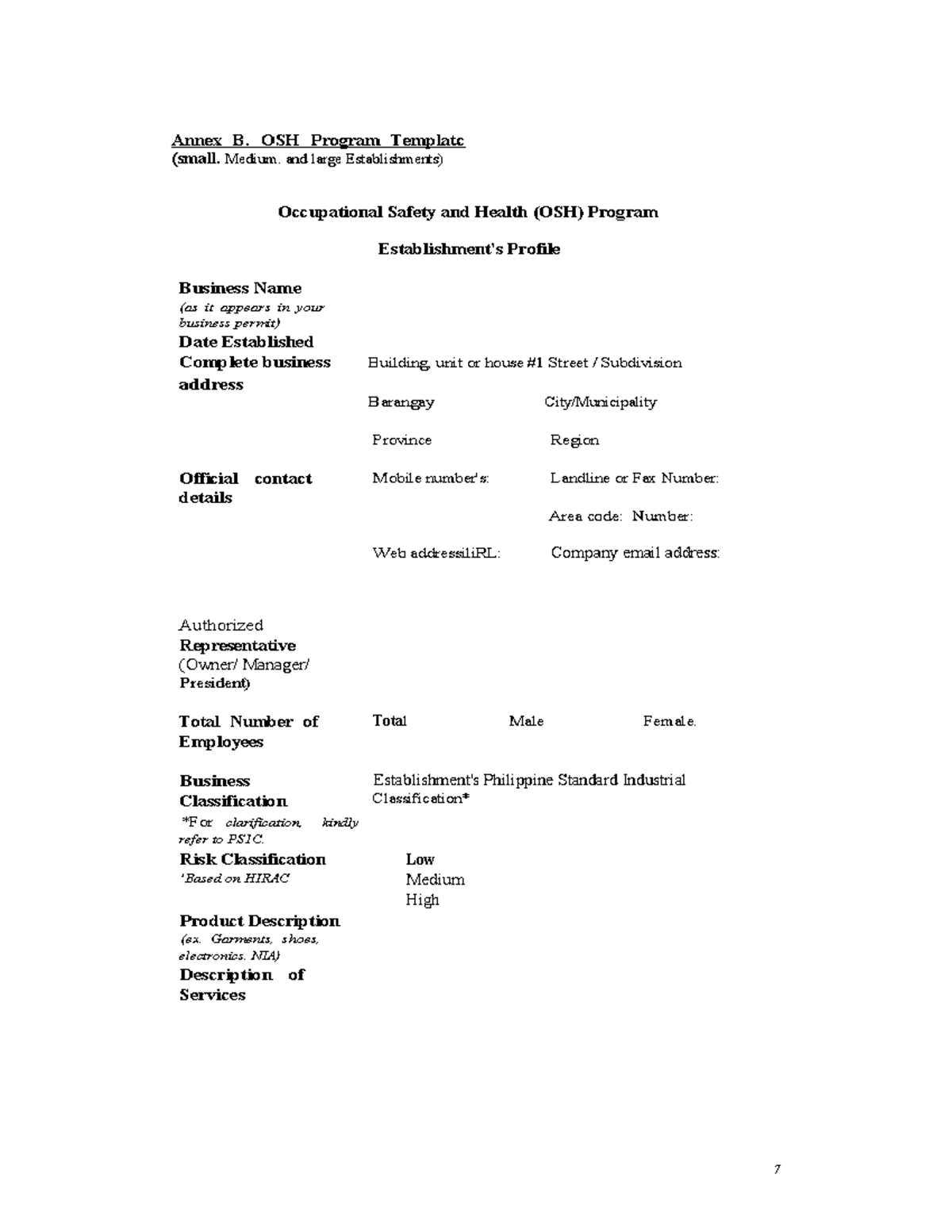 OSH Program Template for Small, Medium, and Large Establishments - Studocu
