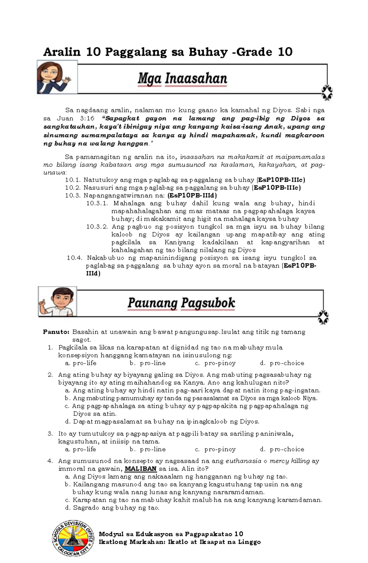 ESP10 Q3 W3 W4 - grde 10 module - Modyul sa Edukasyon sa Pagpapakatao ...