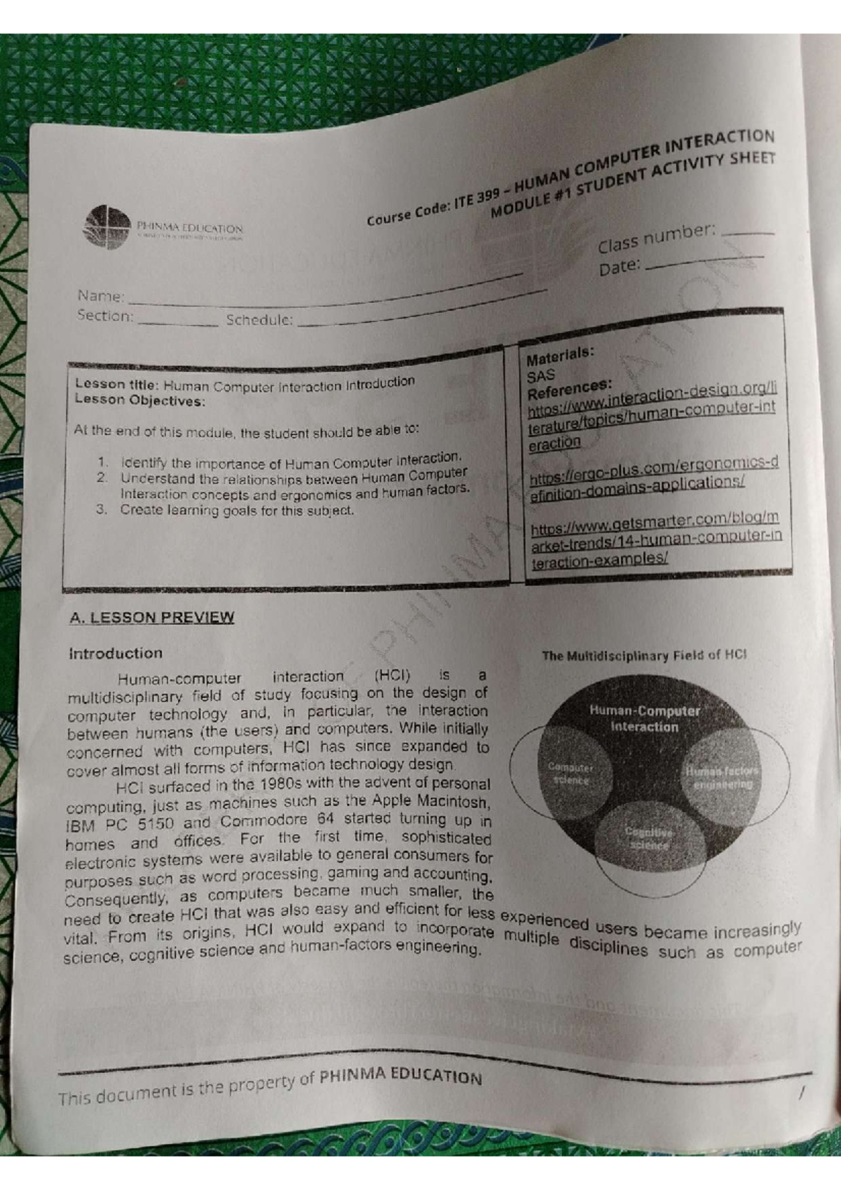 ITE 399: Human Computer Interaction Module 1 Overview and Activities ...