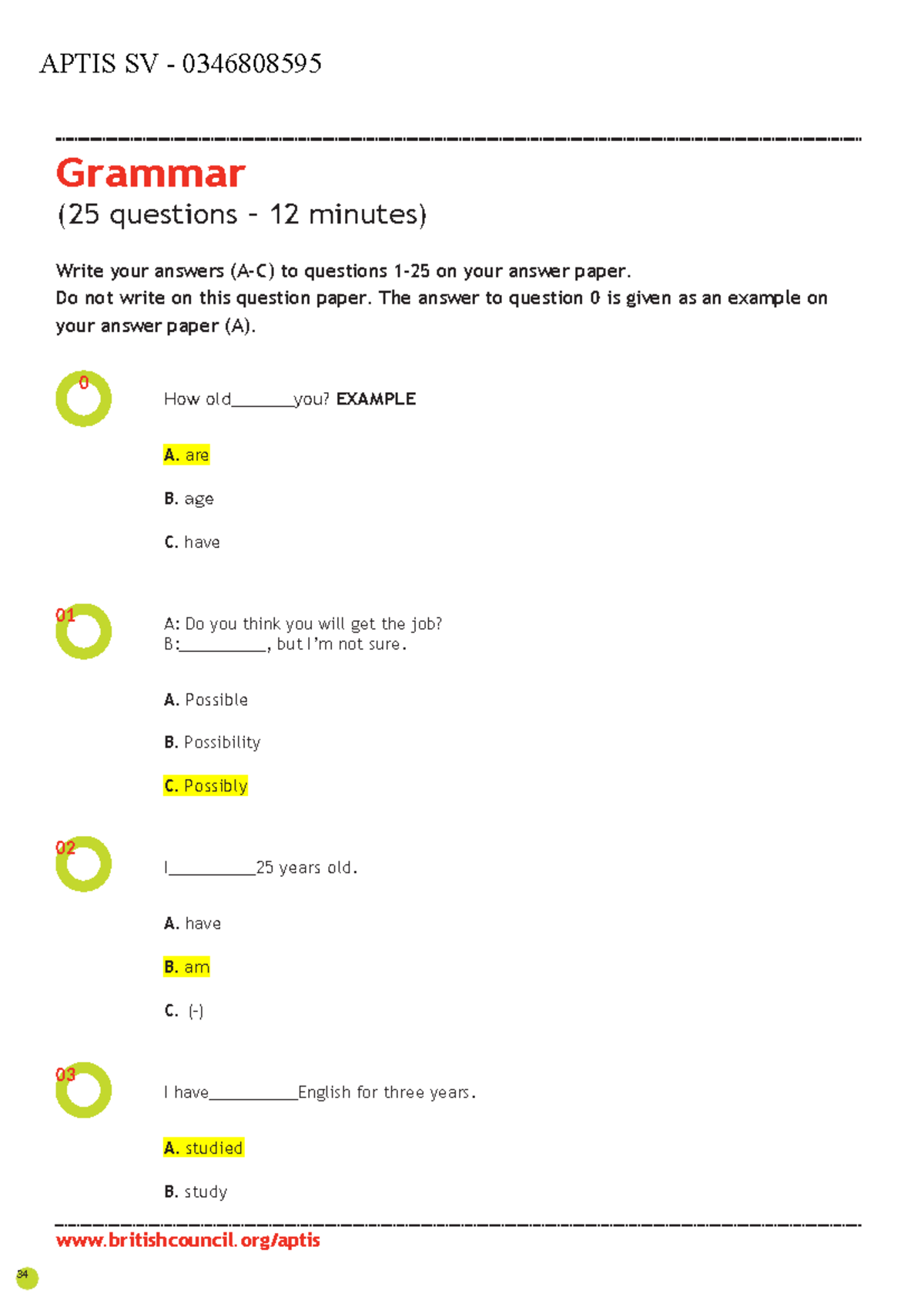 Aptis SV 0346808595 Grammar & Vocabulary Practice Test - Studocu