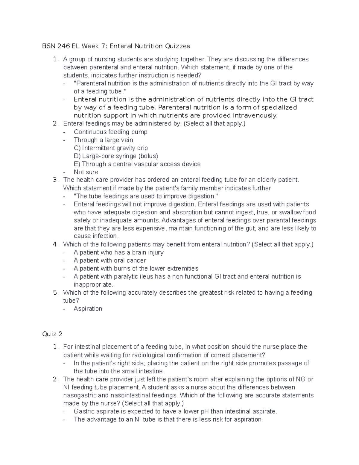 BSN 246 EL Week 7 Enteral Nutrition Quiz Questions and Answers - Studocu