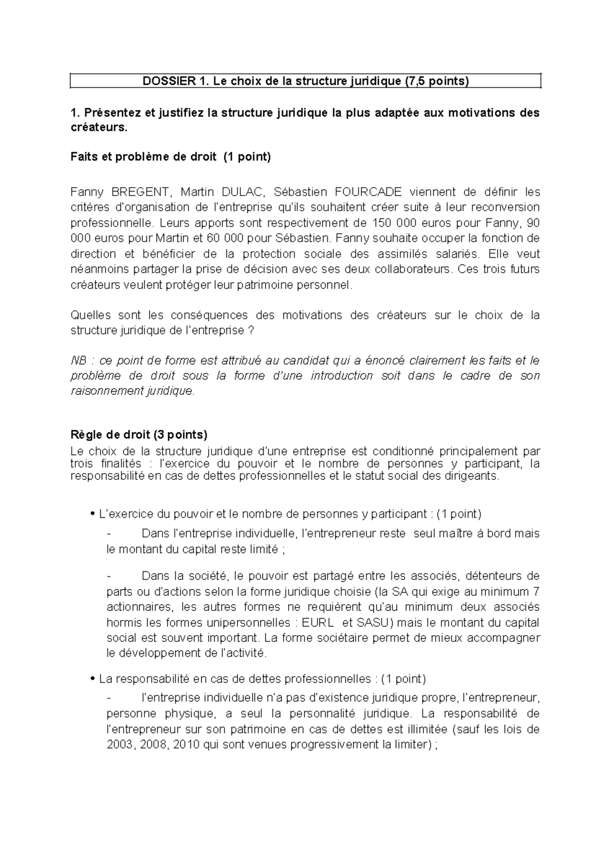 Dossier 1: Choix de la Structure Juridique et Conséquences Légales (7,5 ...