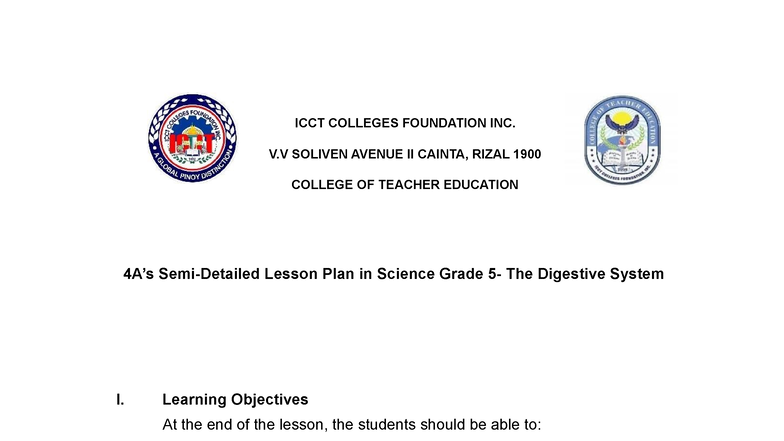ICCT CTE Lesson Plan: The Digestive System for Grade Science - Studocu