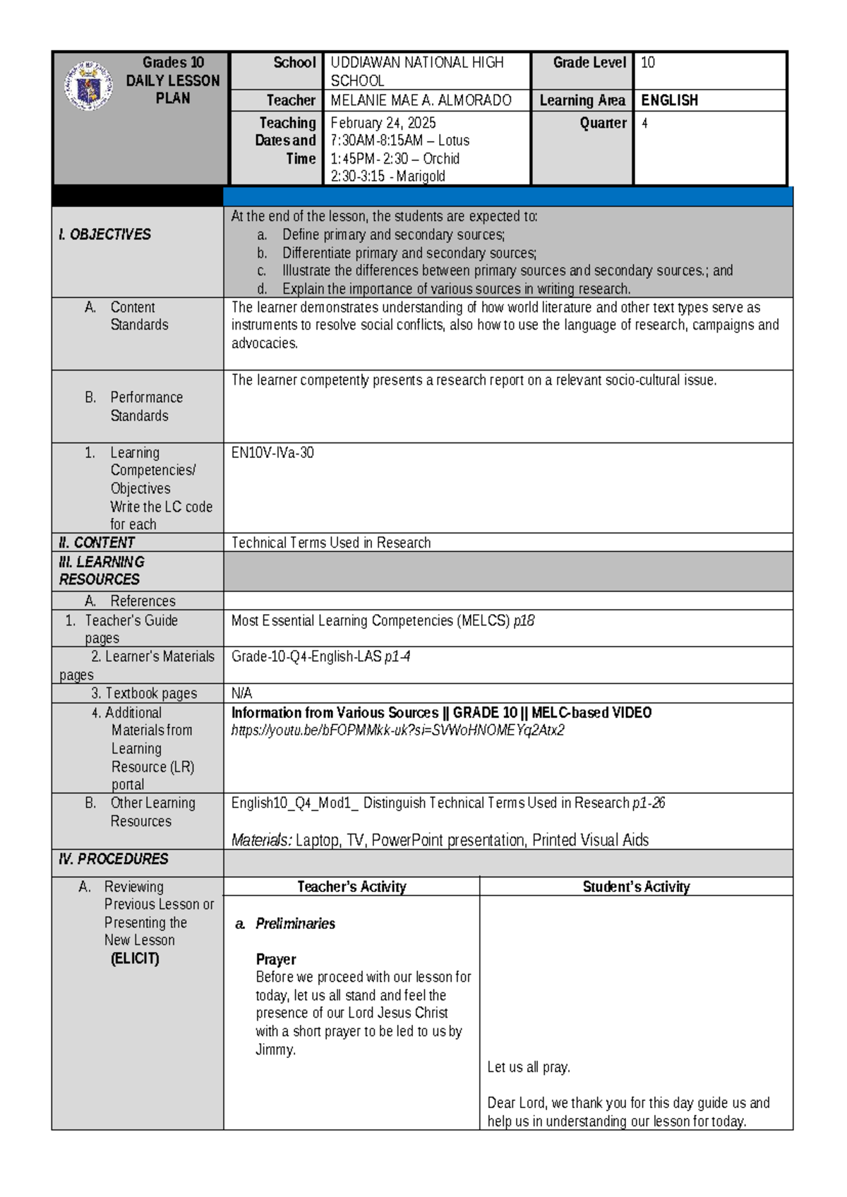 Grade 10 English Q4 Daily Lesson Plan: Primary vs. Secondary Sources ...