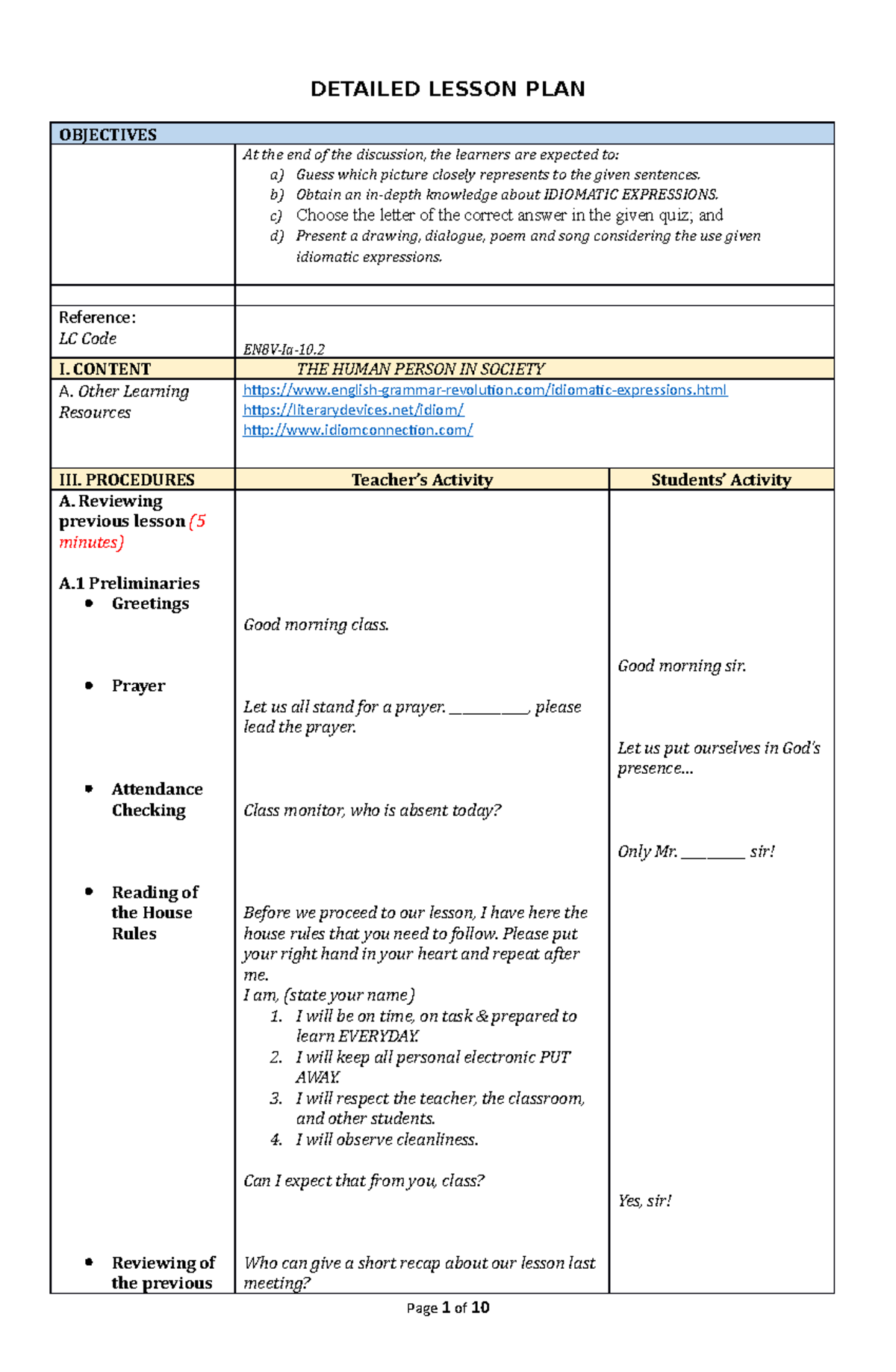 Detailed Lesson Plan on Idiomatic Expressions (EN8V-Ia-10) - Studocu