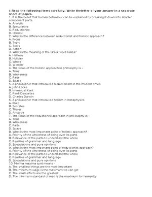 Activity 1 Intro to Philo - Read the following items carefully. Write ...