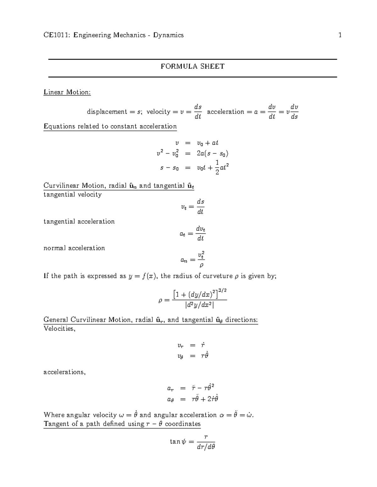 Formula Sheet - CE1011: Engineering Mechanics Dynamics 1 FORMULA SHEET ...