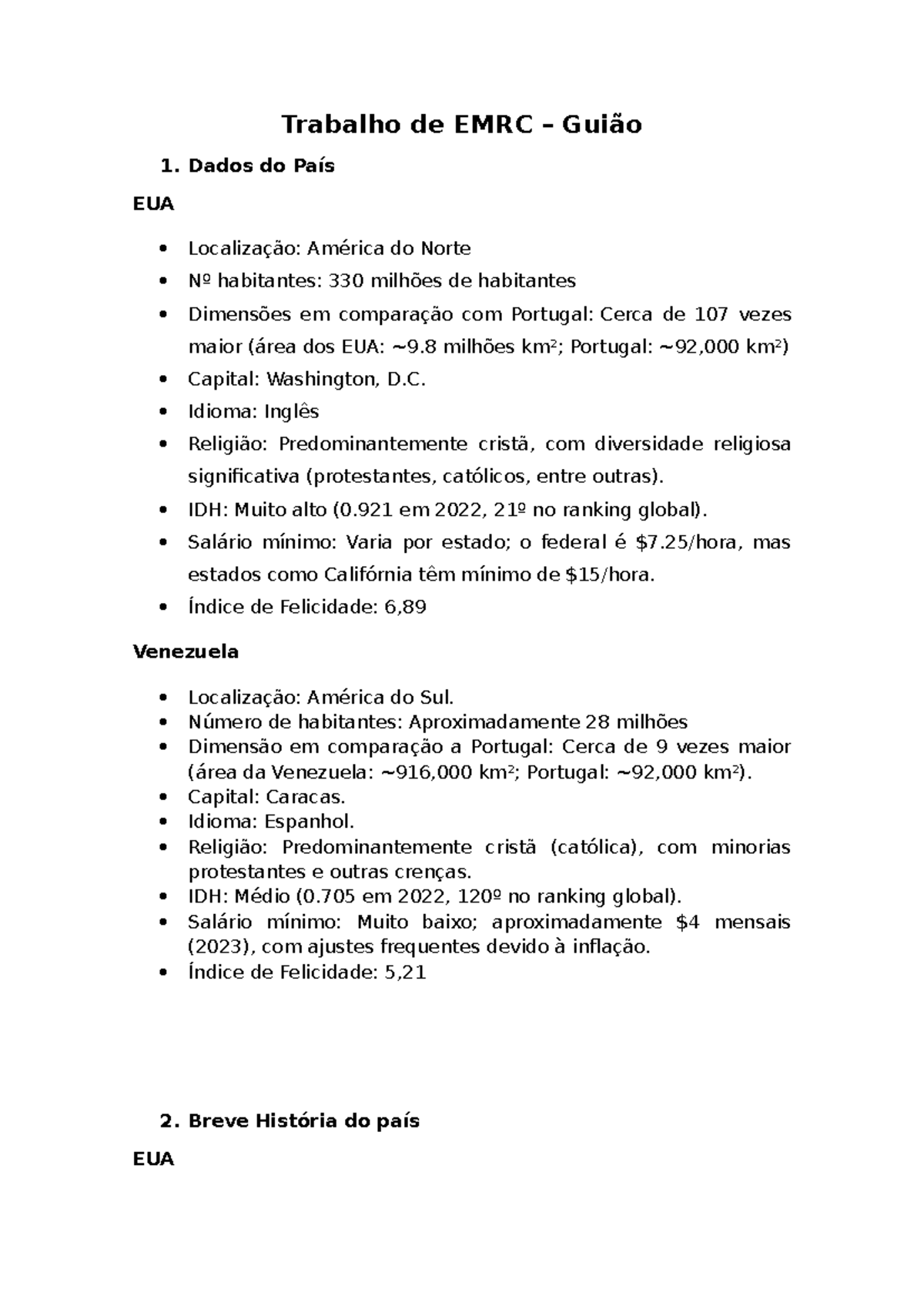 Trabalho de EMRC: Análise dos EUA e Venezuela - Studocu
