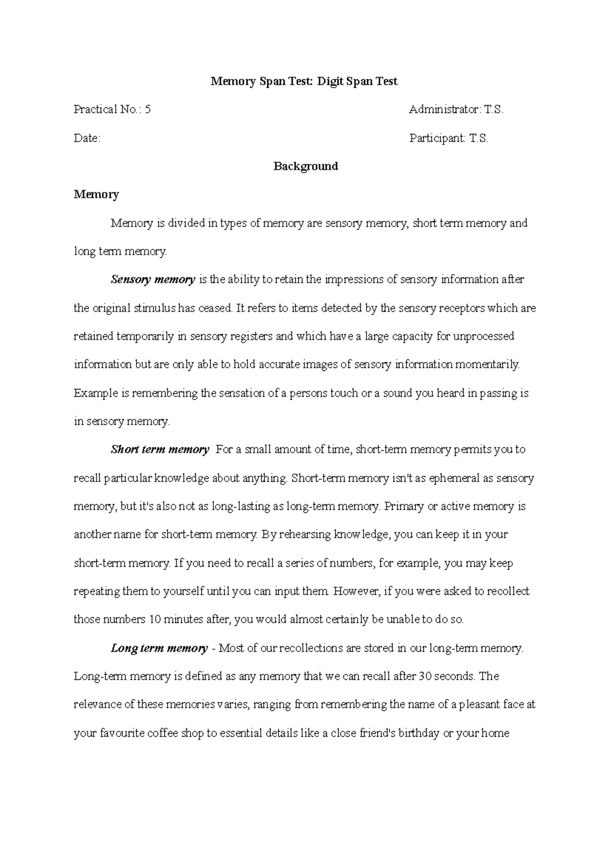 Memory Span Assessment: Digit Span Test Findings and Analysis - Studocu