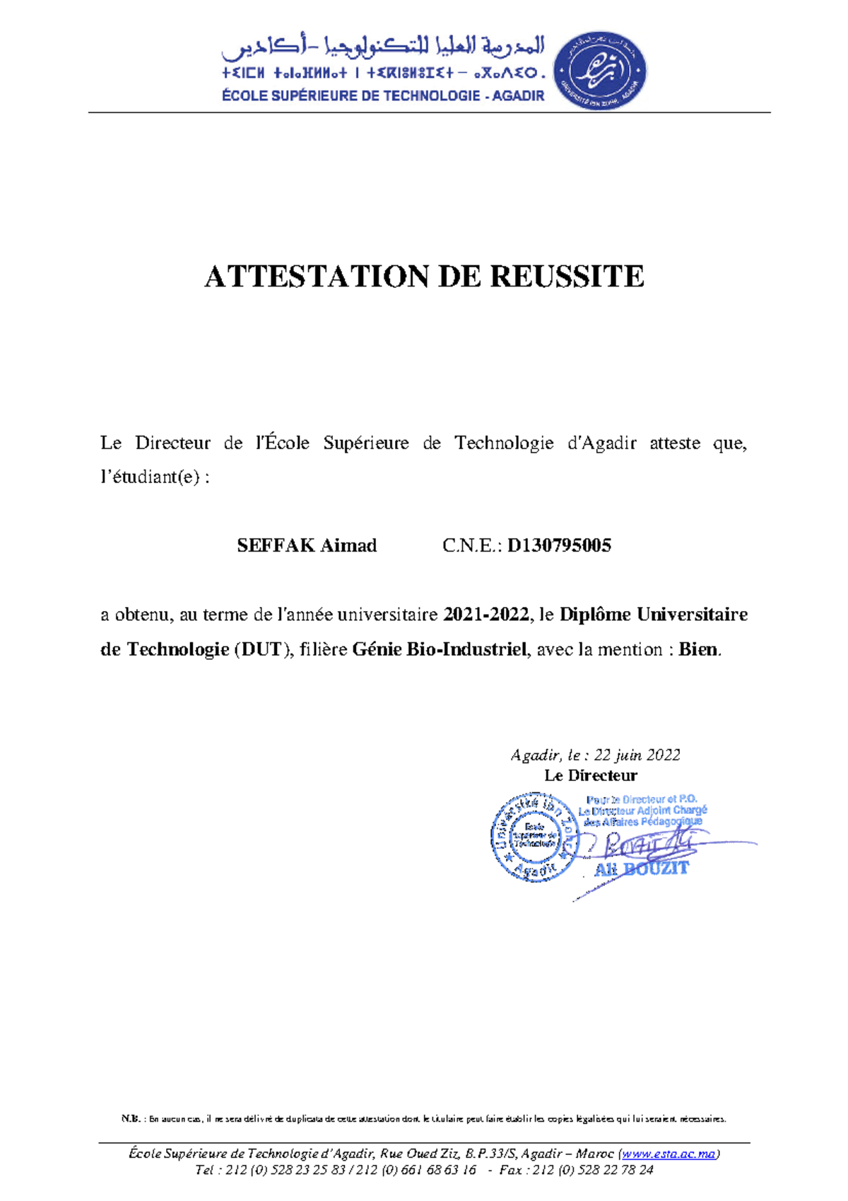 3-D130795005 Attestation De Reussite GBI 2-2021-2022 - École Supérieure ...