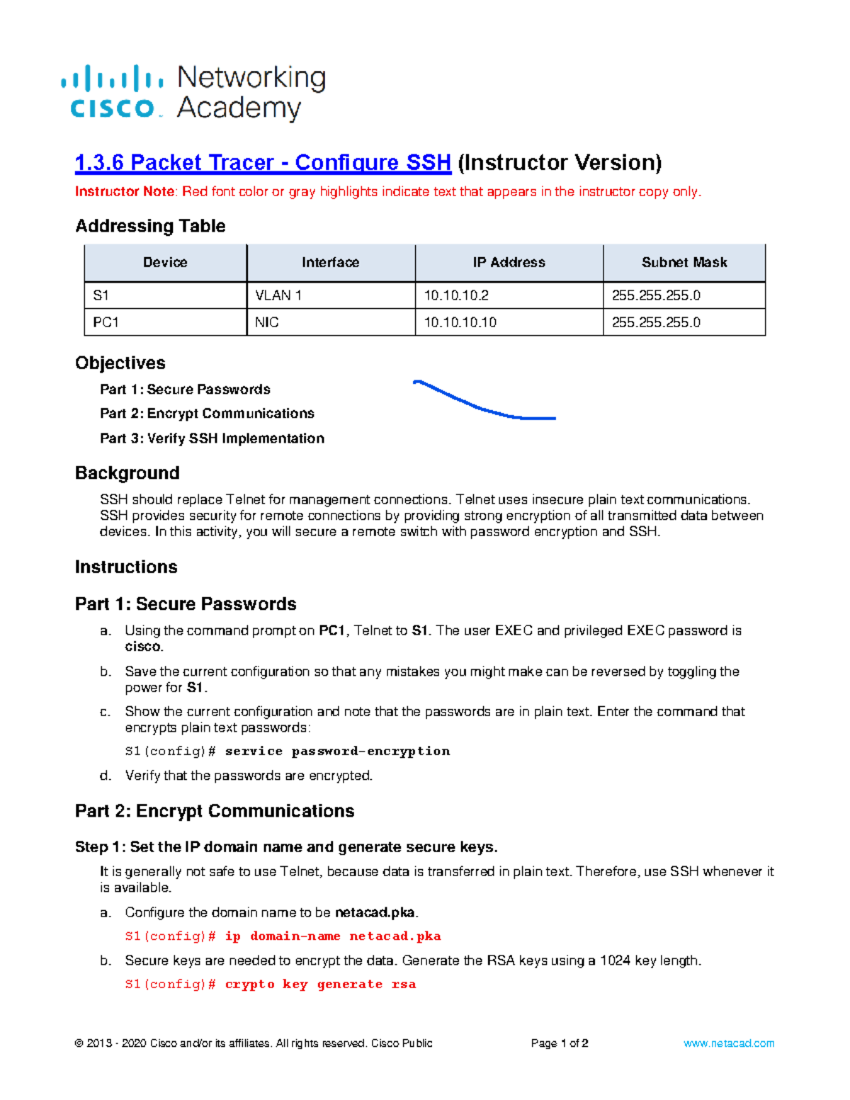 1.3.6 Packet Tracer - SSH Configuration Guide - ITExam Answers - Studocu