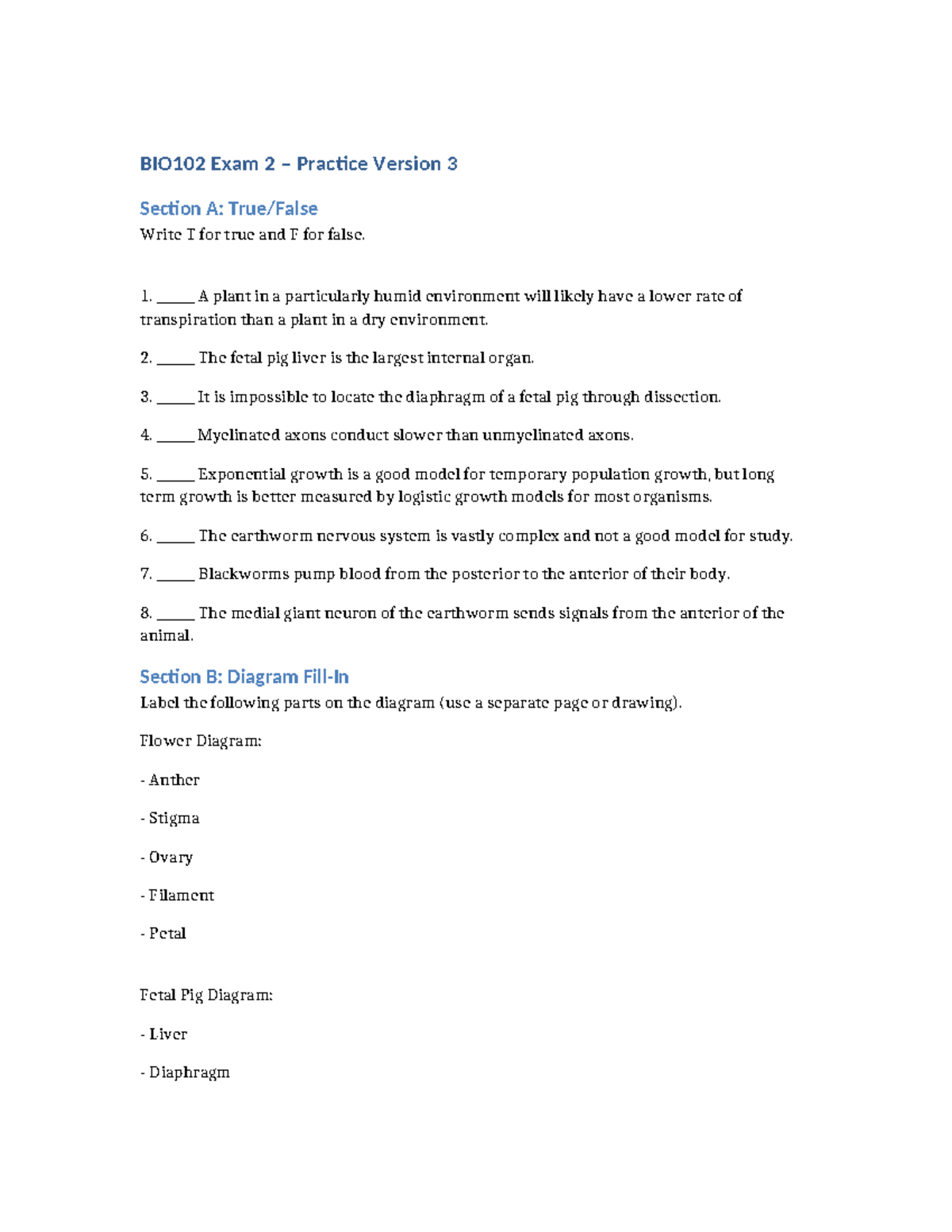 BIO102 Exam 2 Practice Questions & Diagram Labeling Guide - Studocu